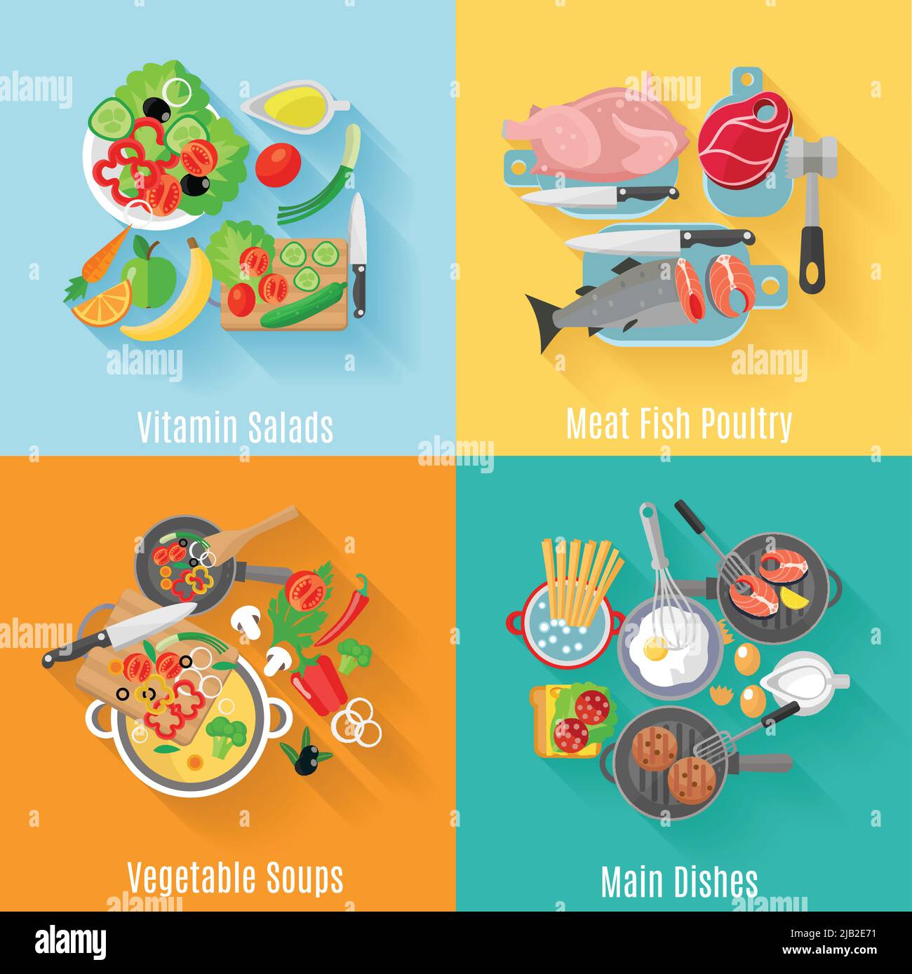 Home cooking main dishes and vegetable salads 4 flat icons square ...