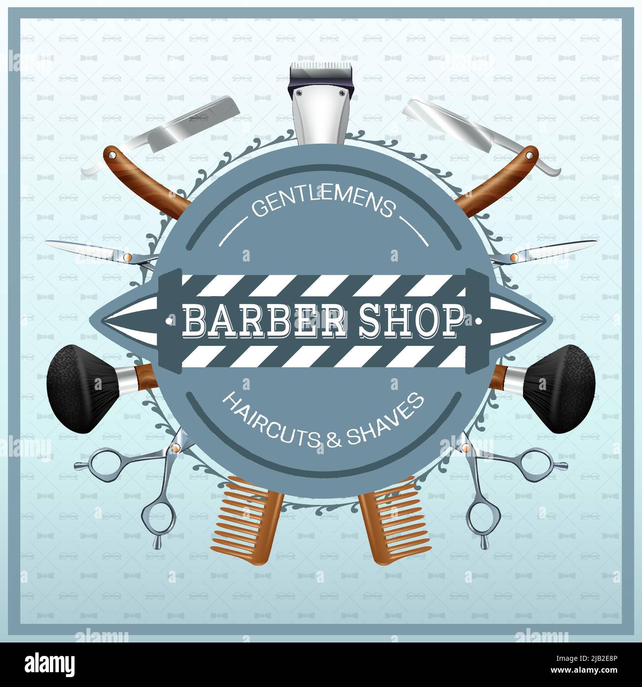 Barber shop label with hairdresser accessories razors scissors combs ...