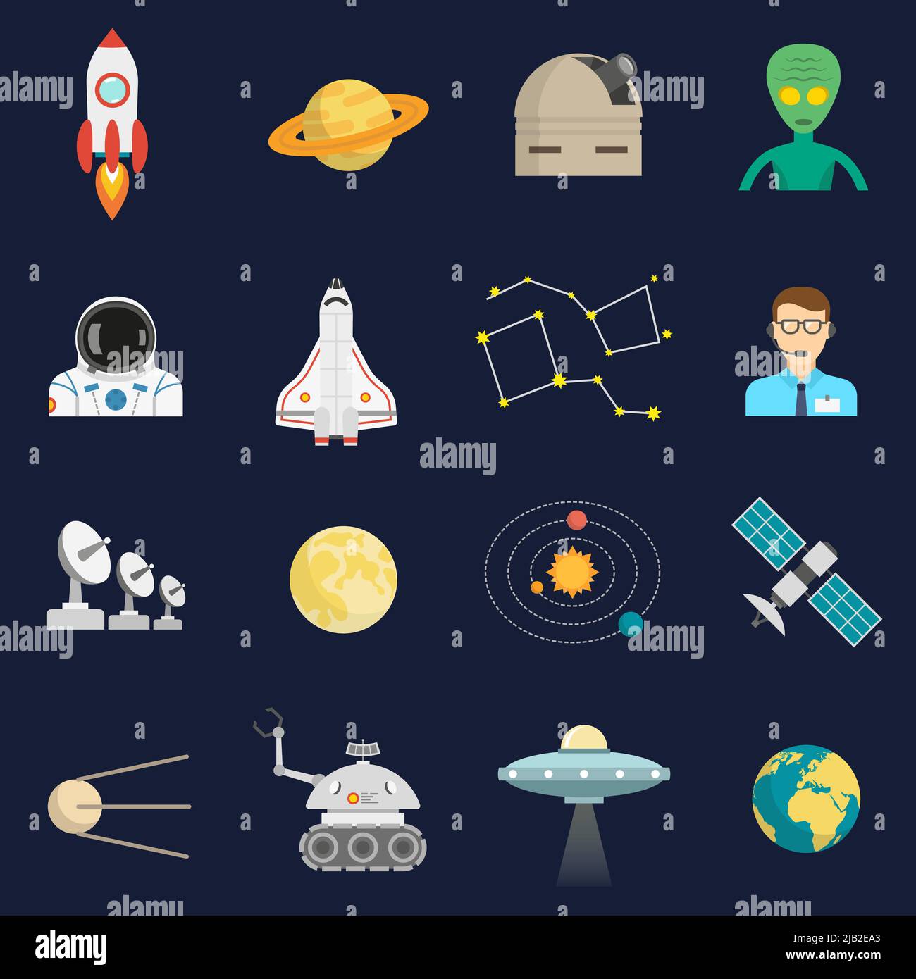 Space universe symbols flat icons set with cosmonaut satellite ...