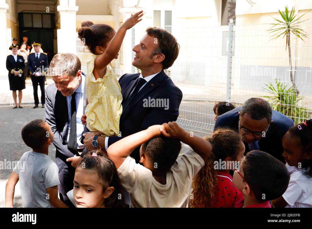 French President Emmanuel Macron during a visit to the Menpenti school ...