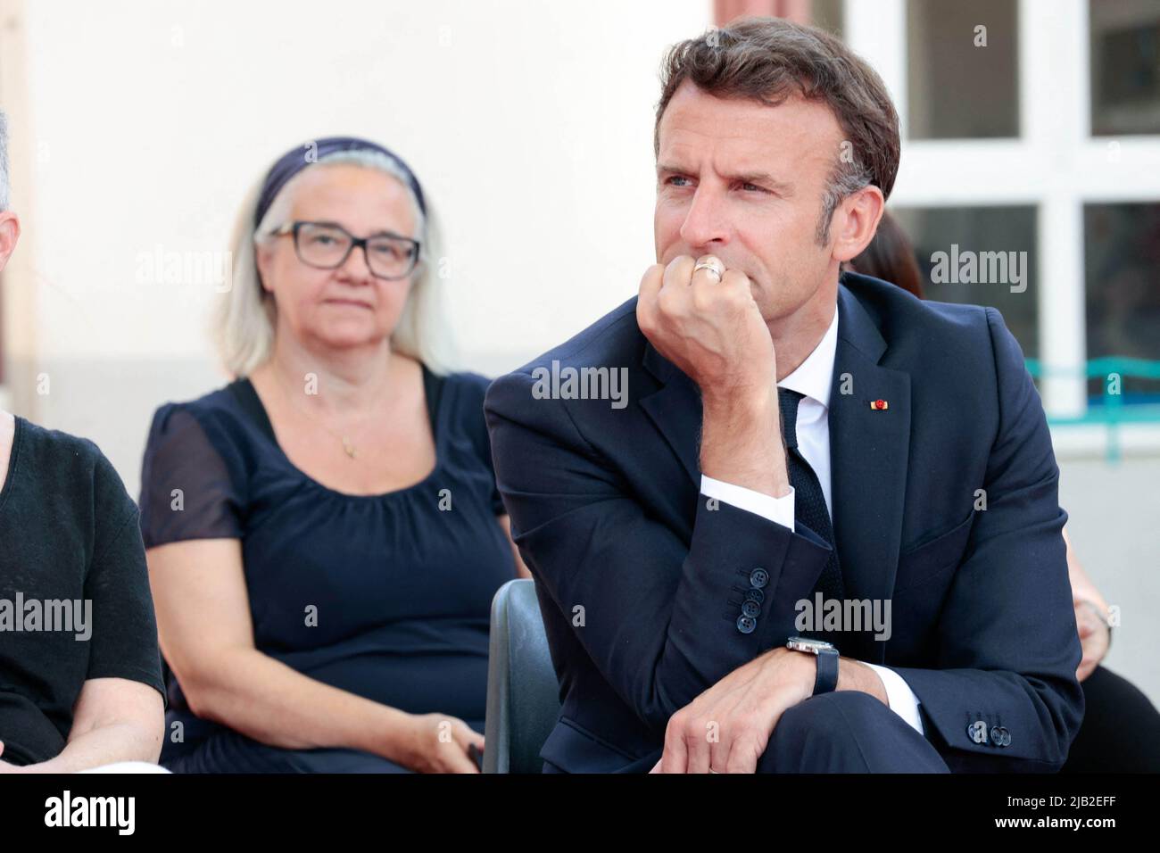 French President Emmanuel Macron during a visit to the Menpenti school ...