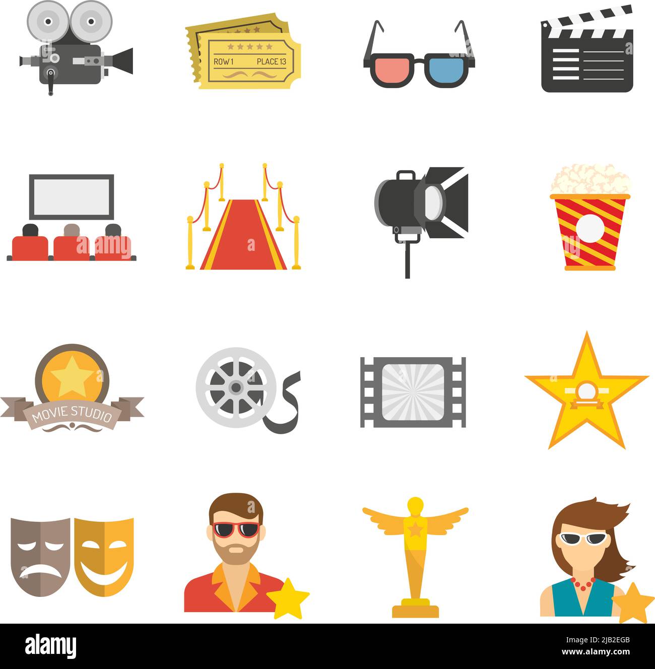 Movie icons flat set with film camera 3d glasses and clapperboard ...