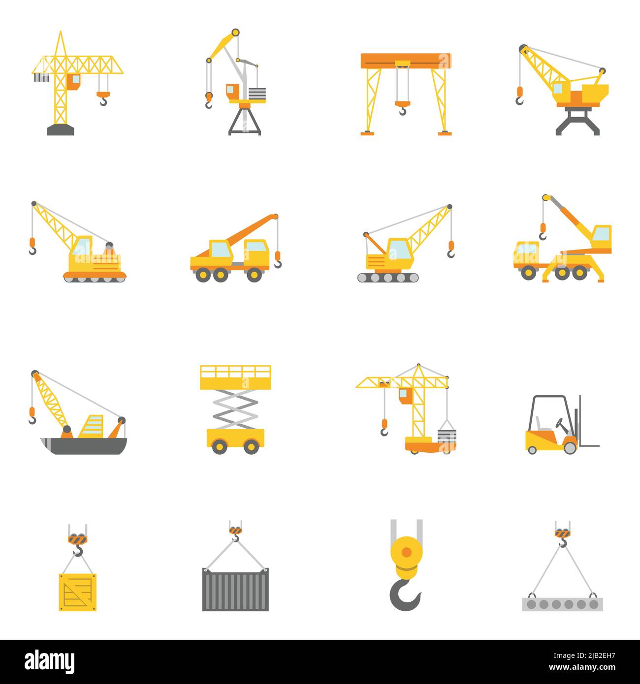 Cranes in construction industry flat icons set with truck mounted and tower crane abstract ...