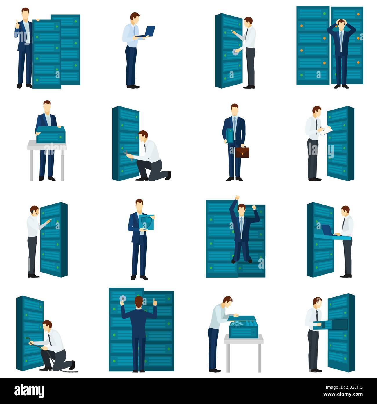 Flat datacenter icons set with servers and engineers figures isolated ...