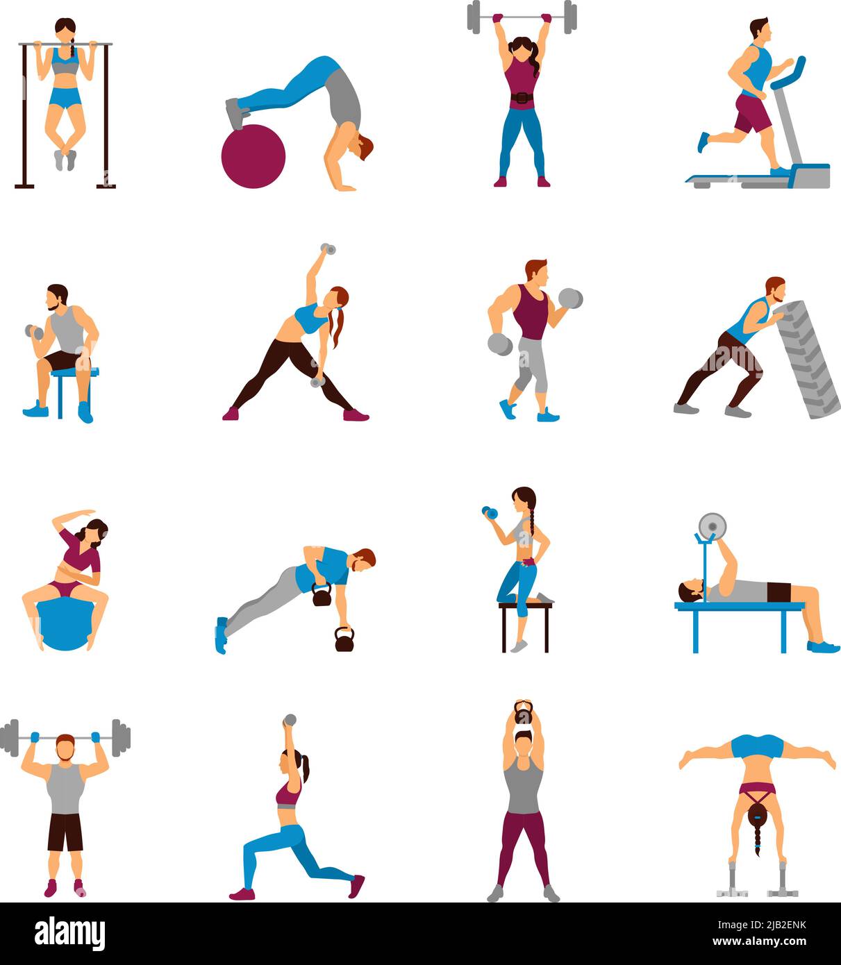 Strength training workout set with flat male and female sporty figures ...