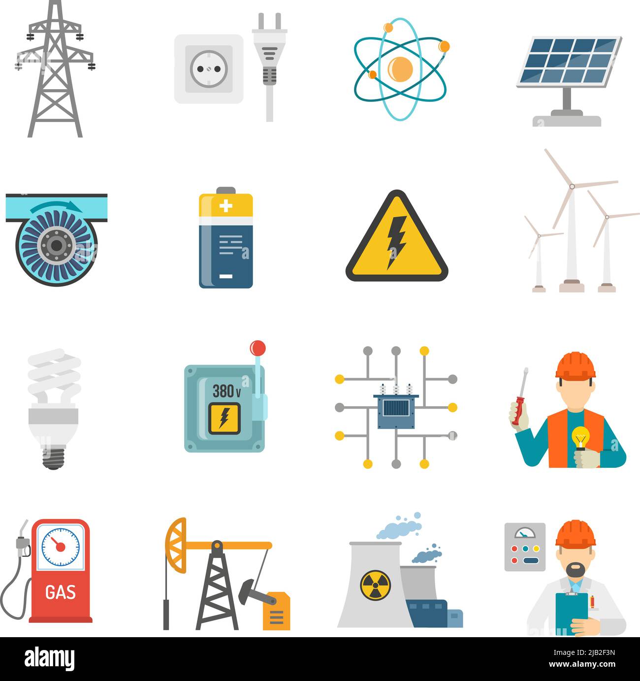Wind solar and nuclear energy generating systems flat icons set with ...