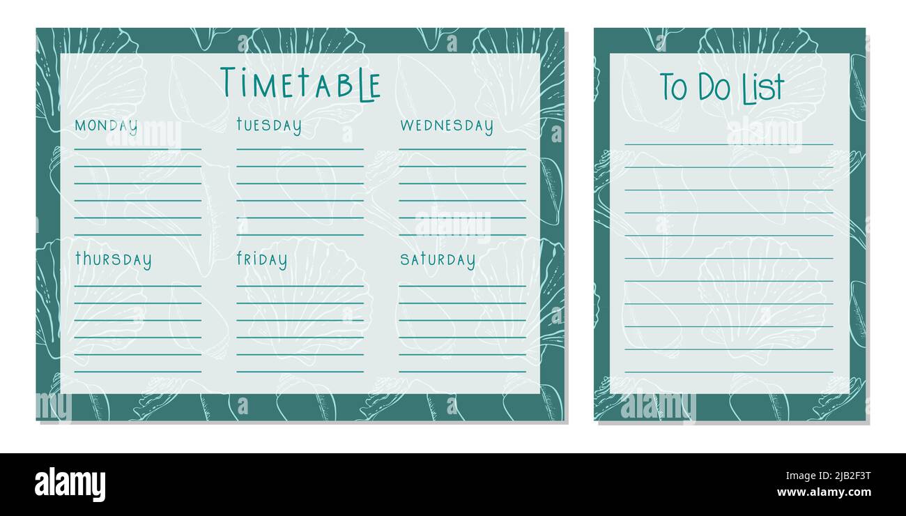 Timetable ,seashells, Class schedule, weekly calendar and to-do list ...