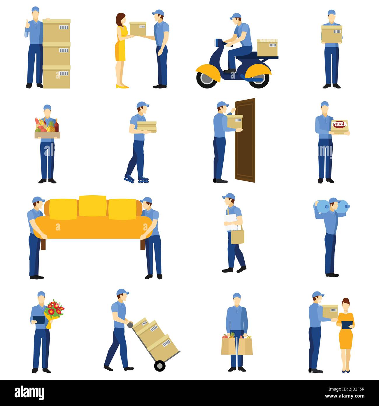 Delivery flat icons set with man silhouettes isolated vector ...
