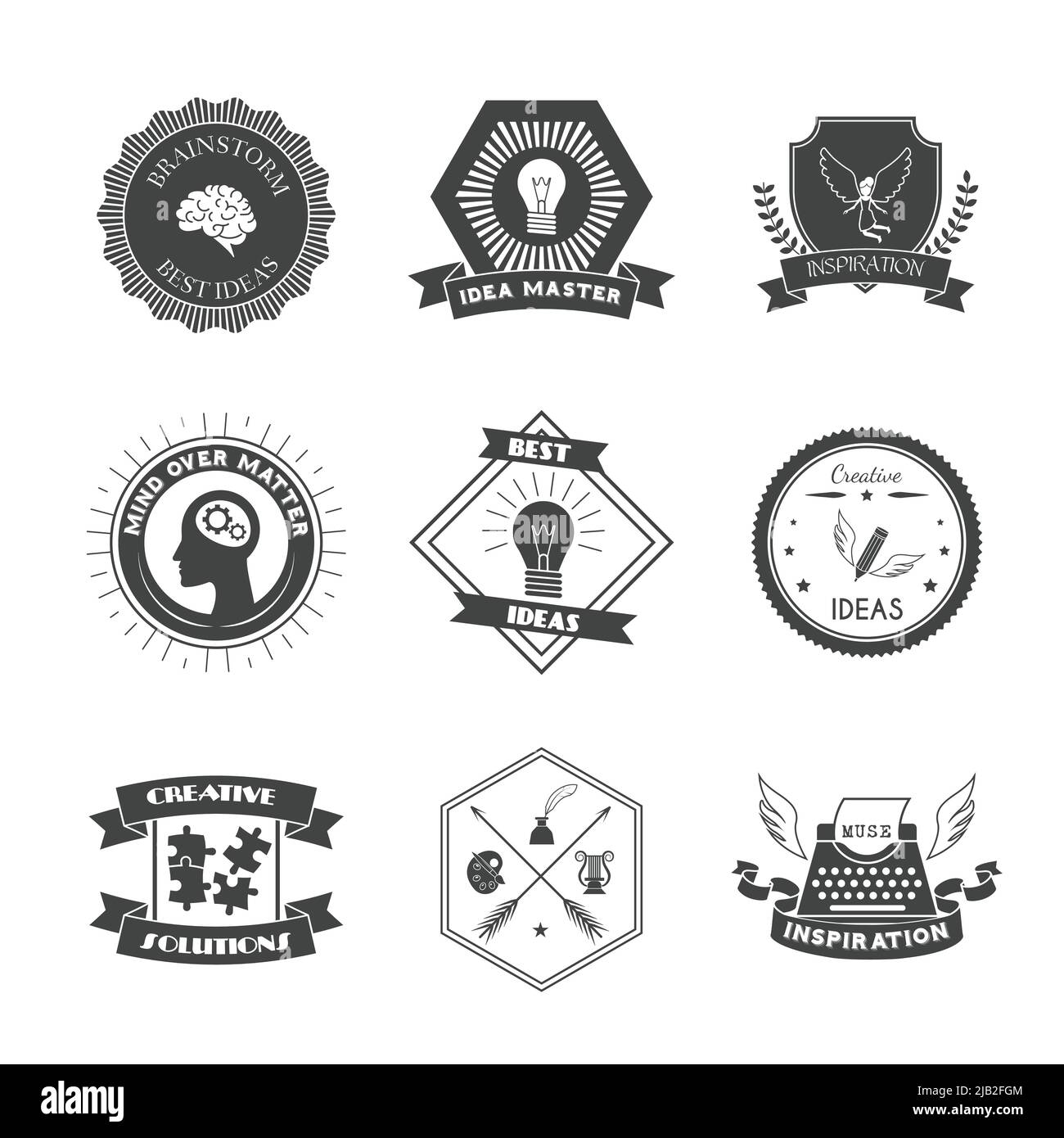 Muse brainstorm creative solution and inspiration label set isolated ...