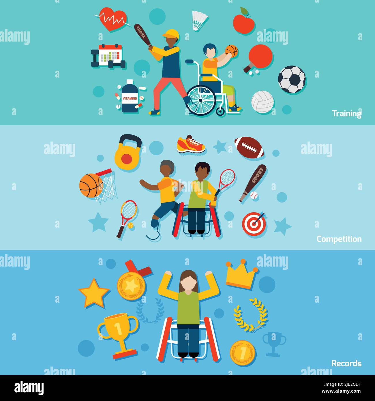 Disabled sports flat horizontal banners set with training competition ...