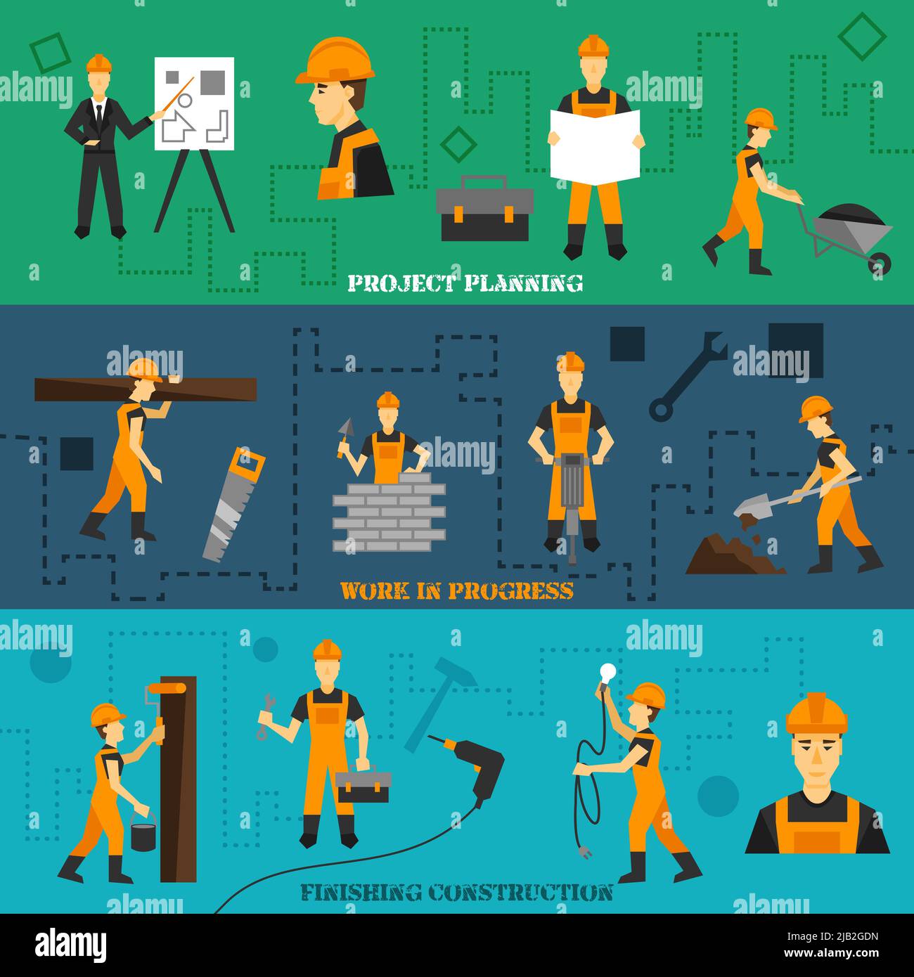 Construction horizontal banners set with project planning work in ...