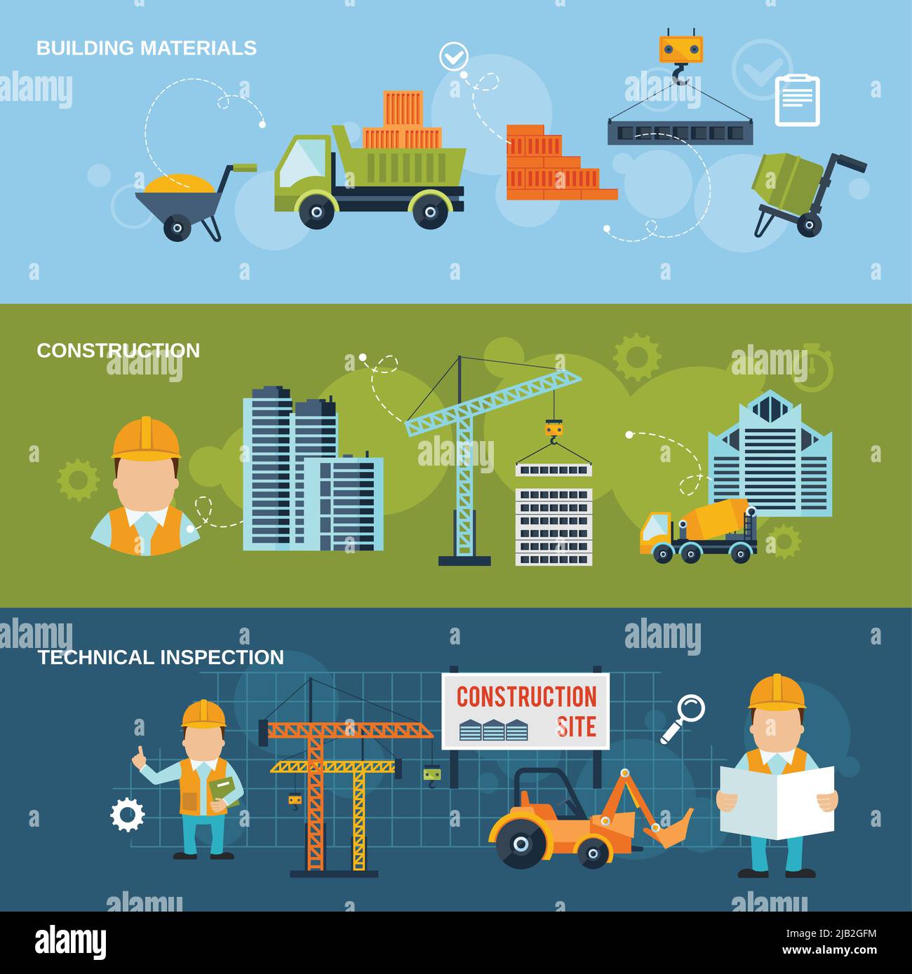 Construction horizontal banners set with building materials technical ...