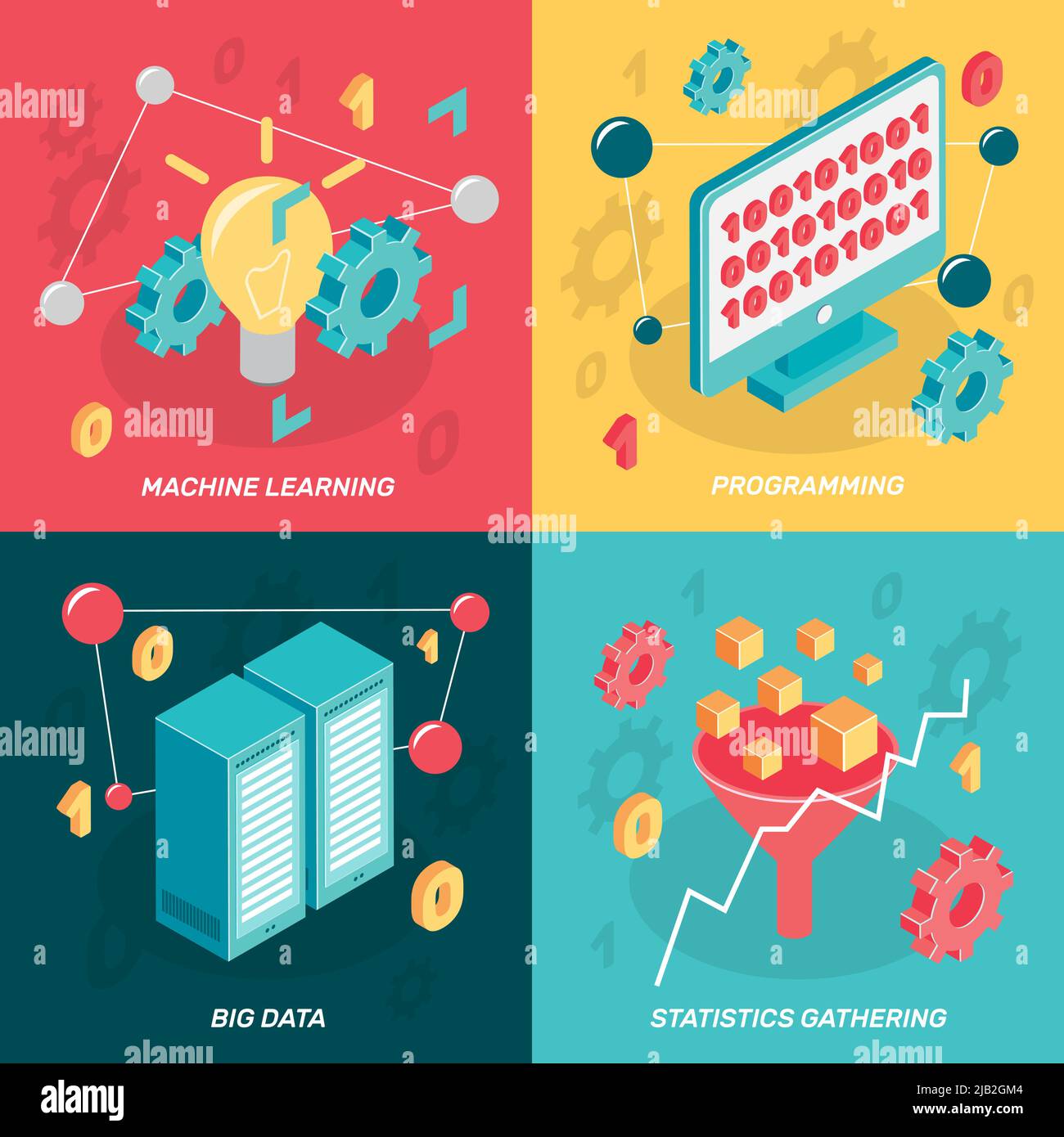 Machine learning isometric 2x2 design concept with colorful images of ...