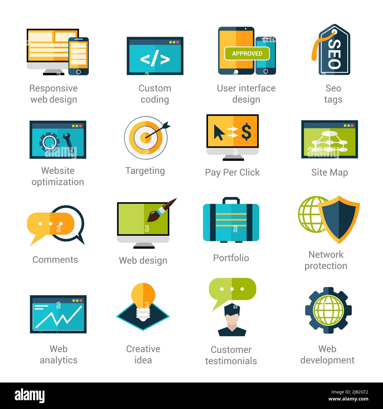 Web development icons set with responsive design custom coding seo tags isolated vector ...