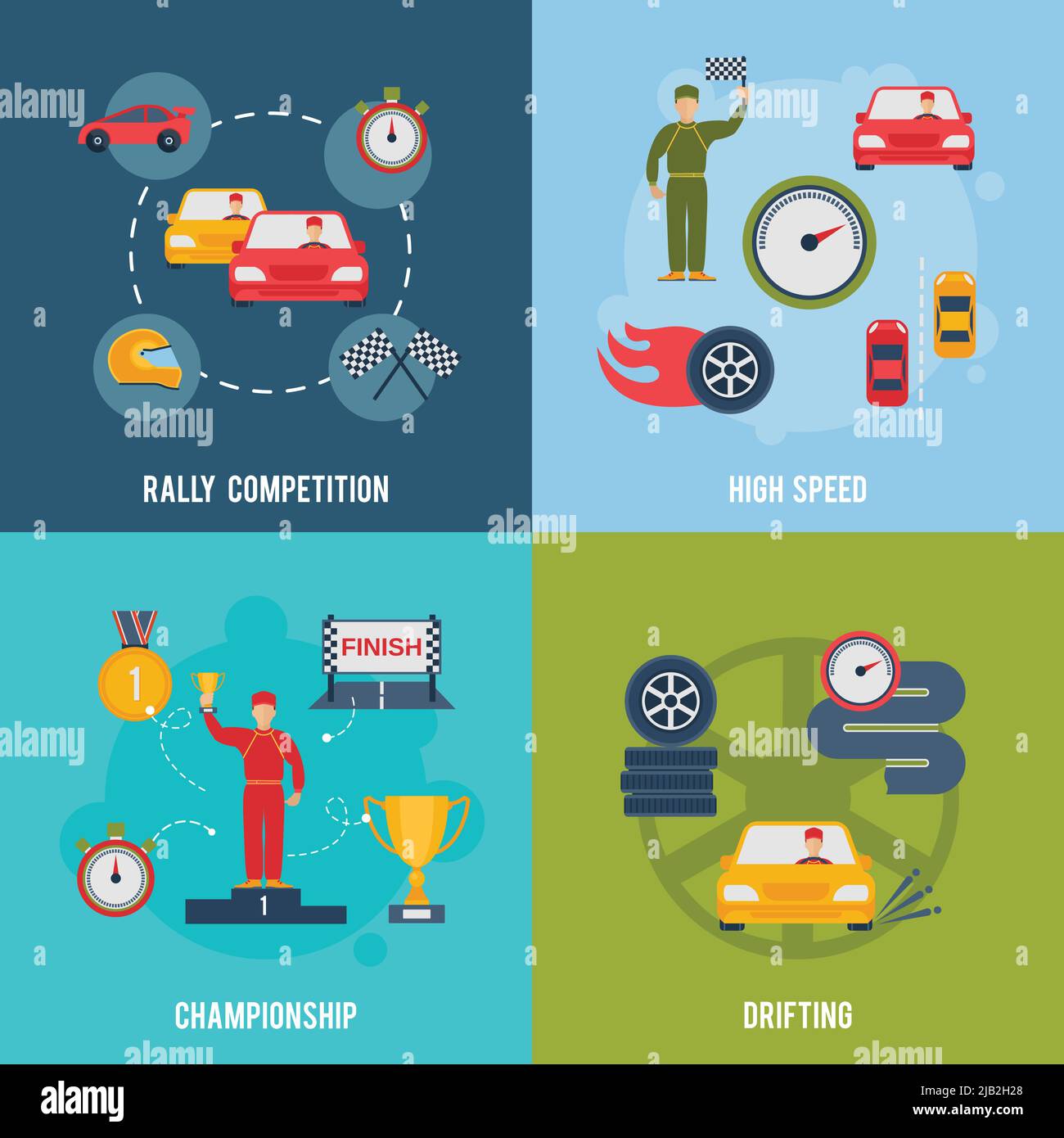 Auto sport flat icons set with rally competition high speed ...