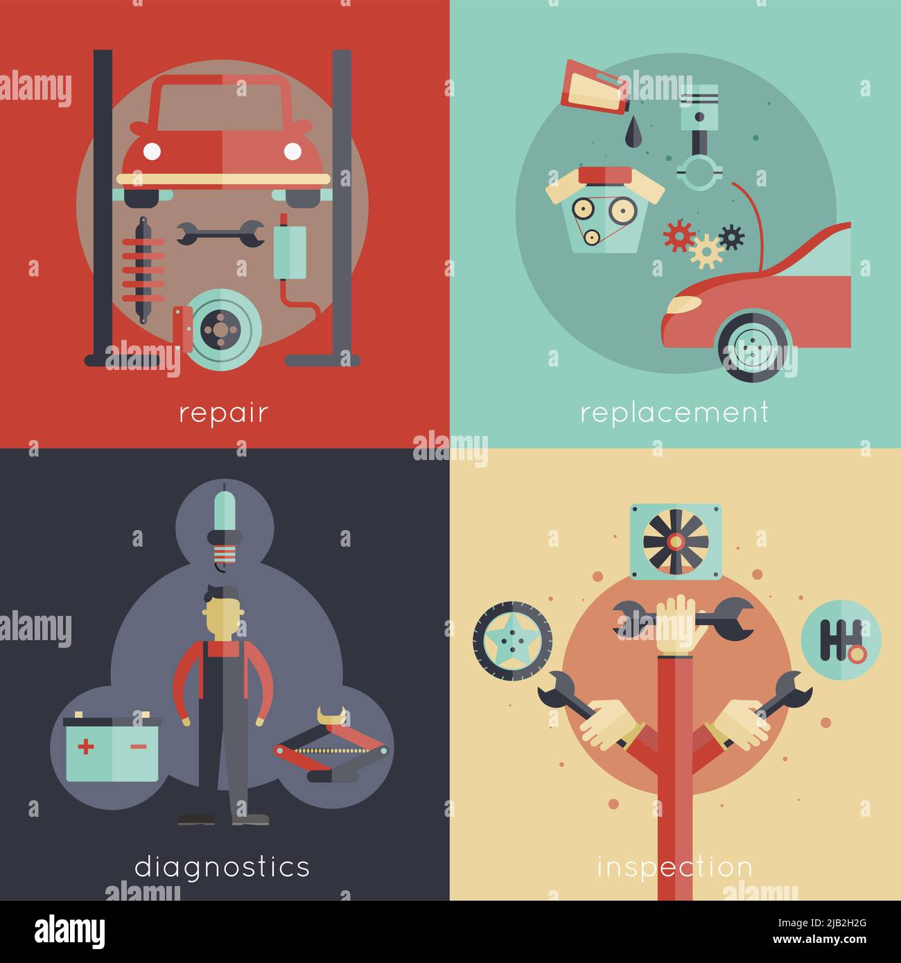 Auto service design concepts set with repair replacement diagnostics ...