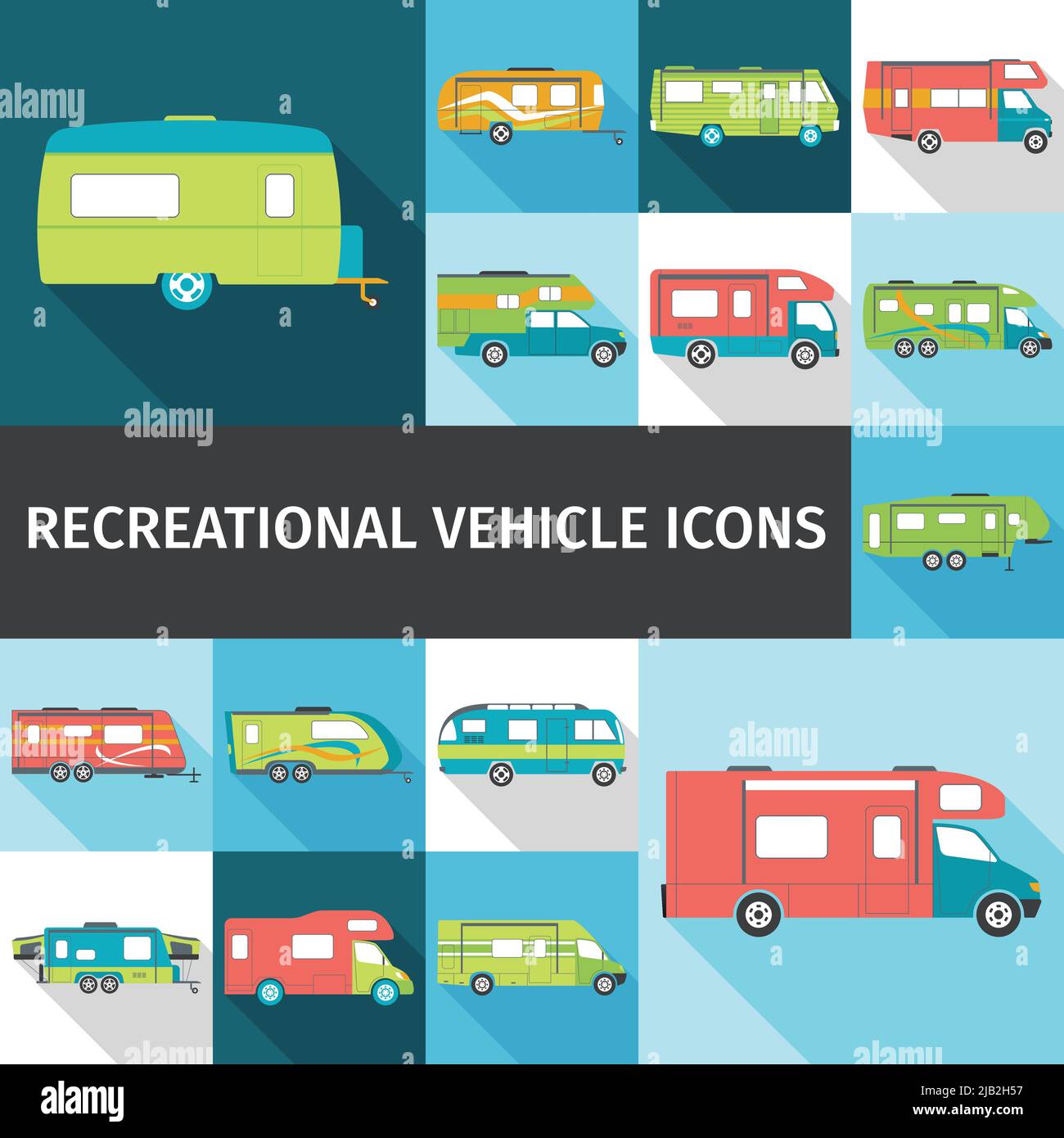 Recreational vehicle flat long shadow icons set isolated vector ...