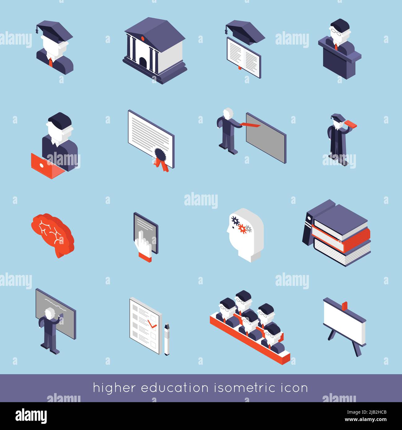 Higher education isometric icons set with book student teacher symbols ...