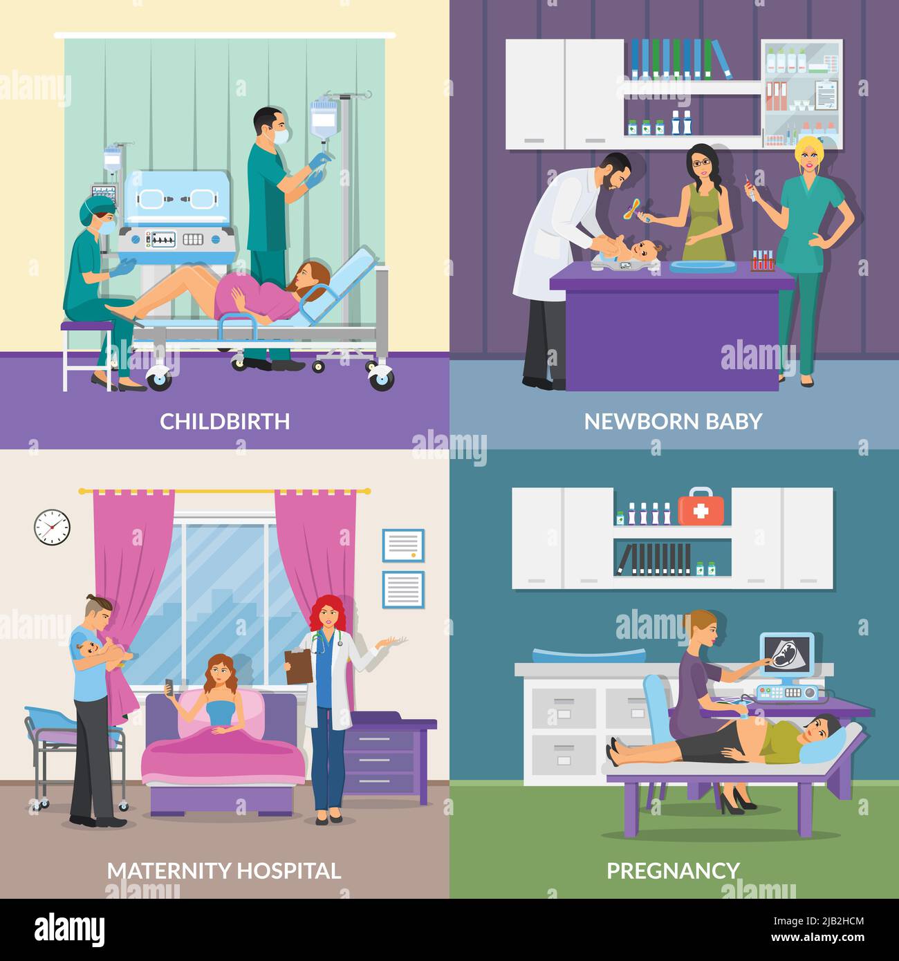 Maternity hospital 2x2 design concept set of pregnancy childbirth ...