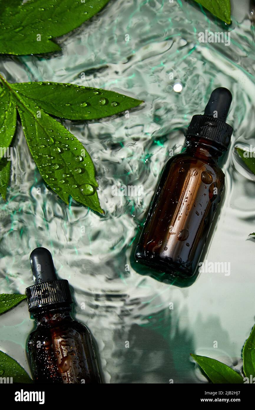 Top view Bottle with herbal serum, oil cosmetic ad, simple and natural ...