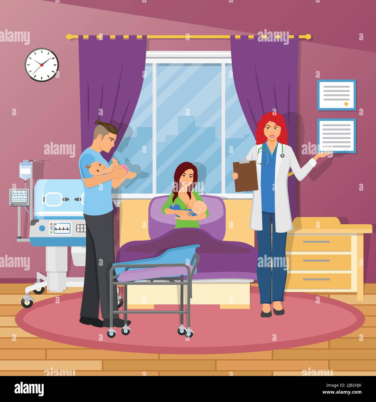 Maternity hospital flat composition with young parents two newborn kids ...