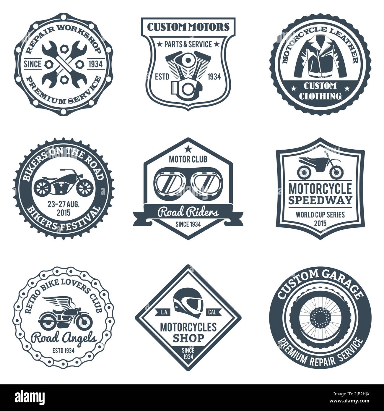 Motorcycle labels black set with bike repair workshop logos isolated ...