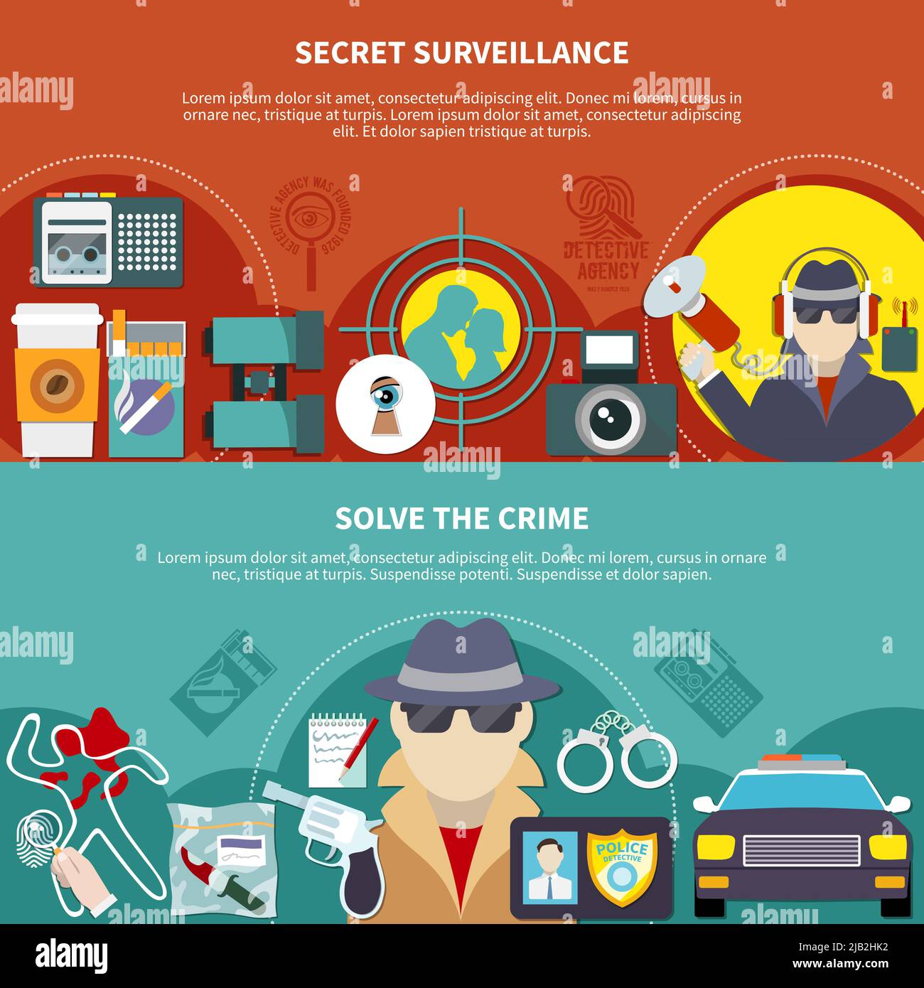 Two colored detective banner set with secret surveillance and solve the ...