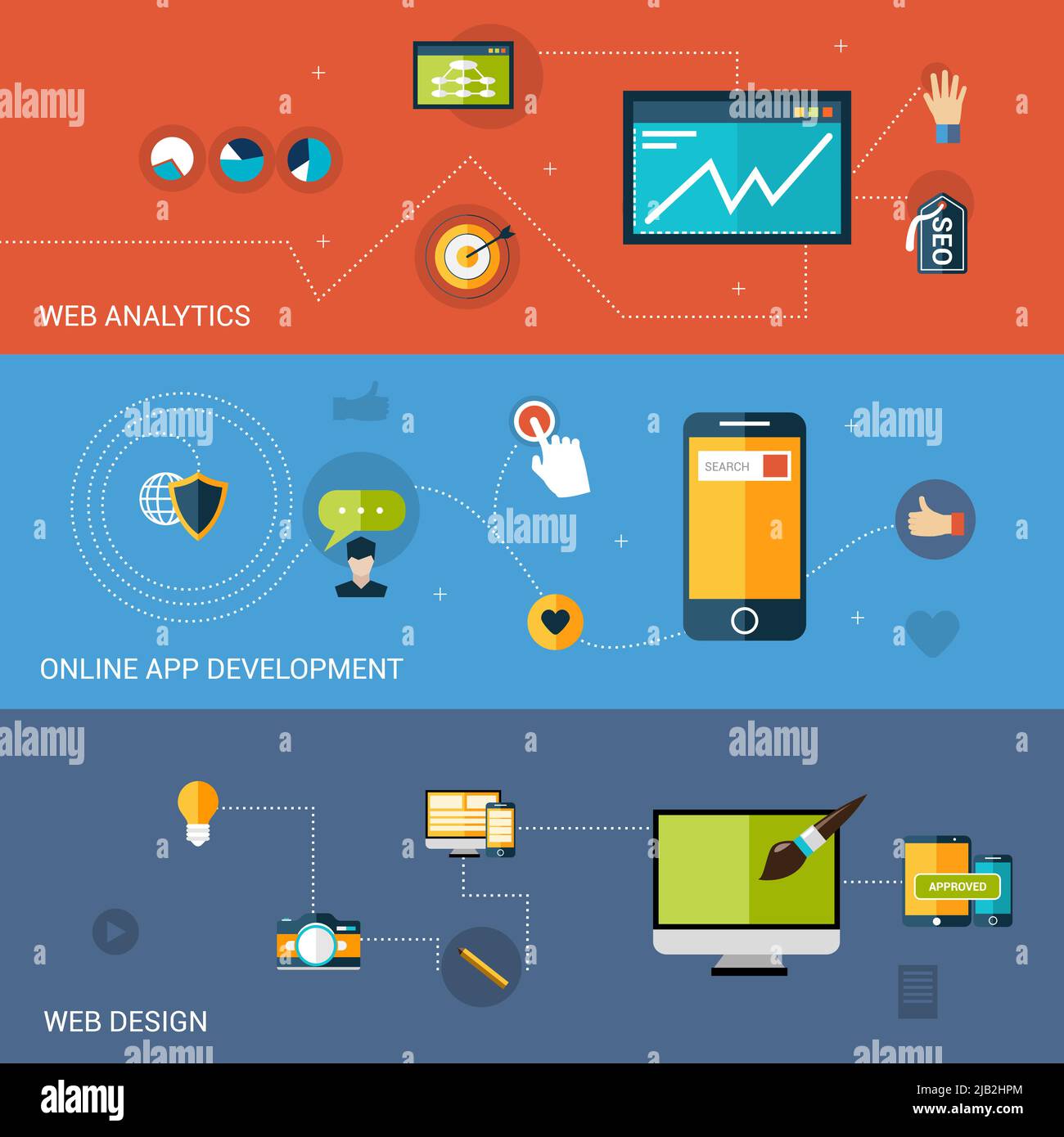 Web development banner set with analytics online apps design elements ...