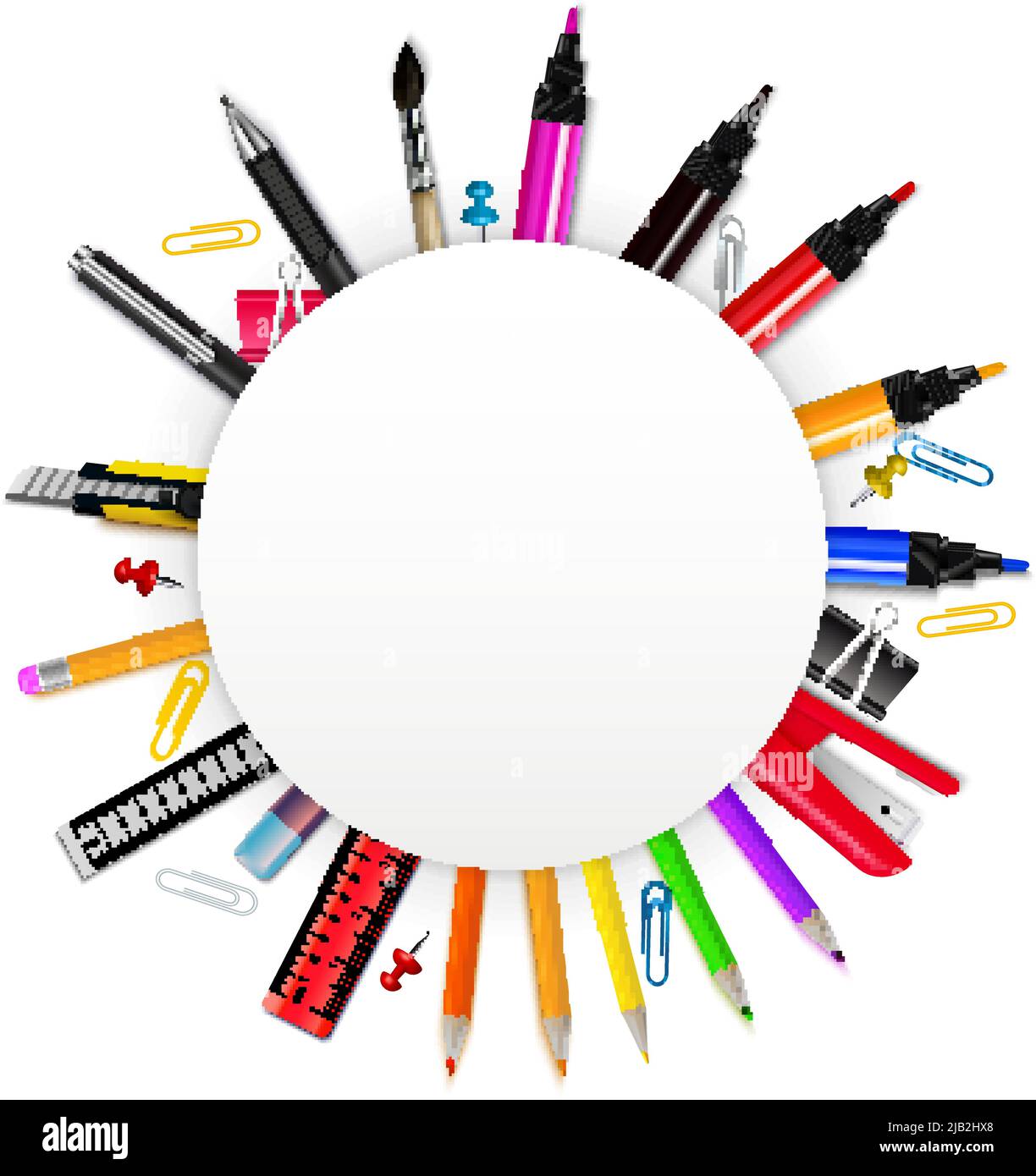 Colorful realistic frame in form of circle with various stationery ...