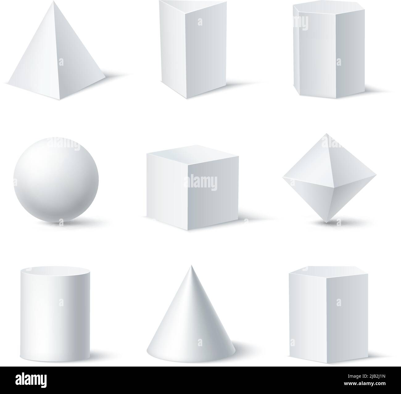 Realistic white geometric shapes set with nine isolated solid body ...