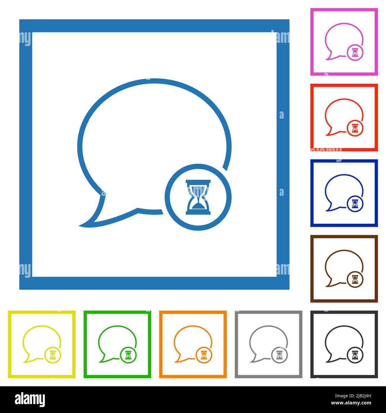 Waiting message outline flat color icons in square frames on white ...