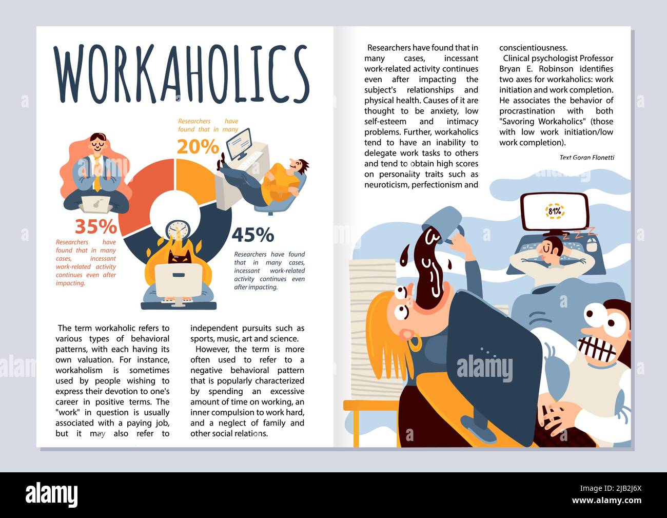 Workaholic magazine layout with office work symbols infographics flat ...