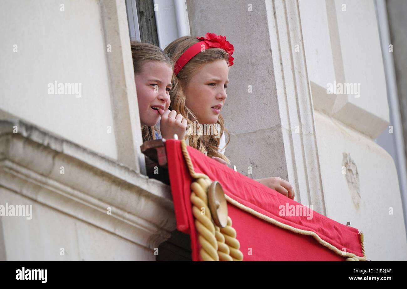 Princess Charlotte (left) and Mia Grace Tindall watch the Trooping of ...