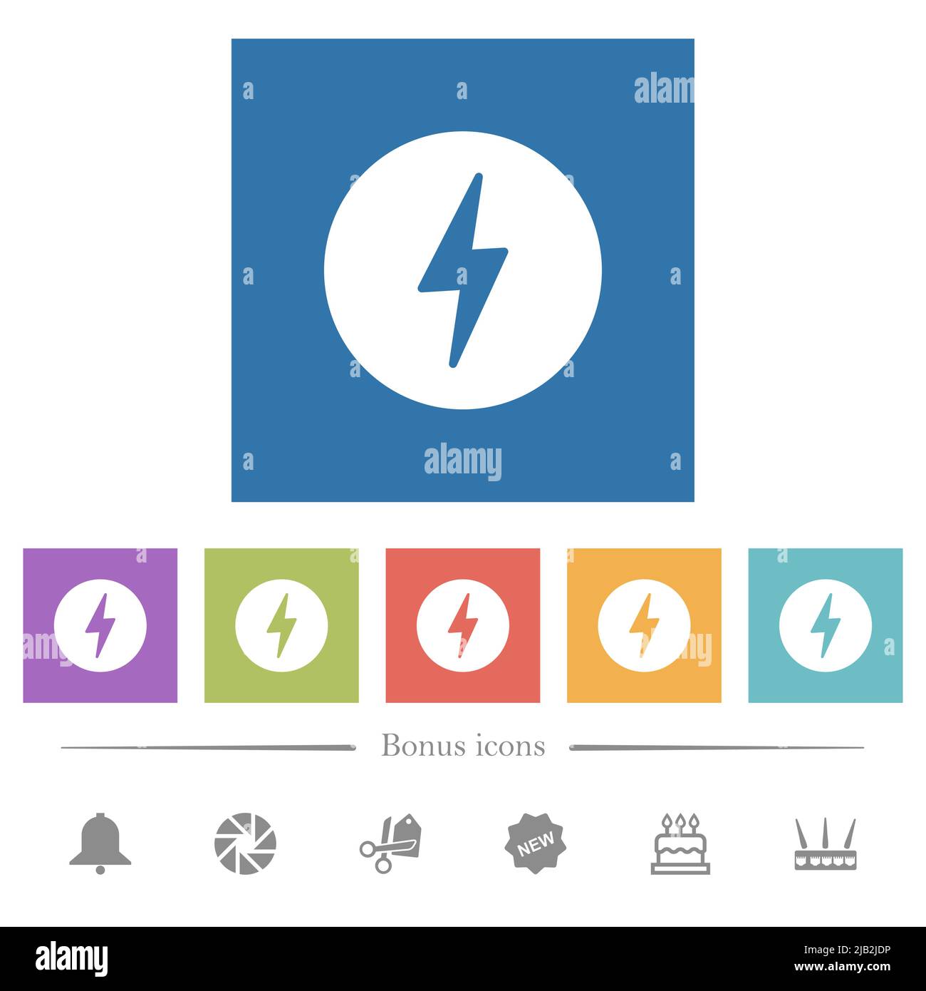 Lightning in circle solid flat white icons in square backgrounds. 6 ...