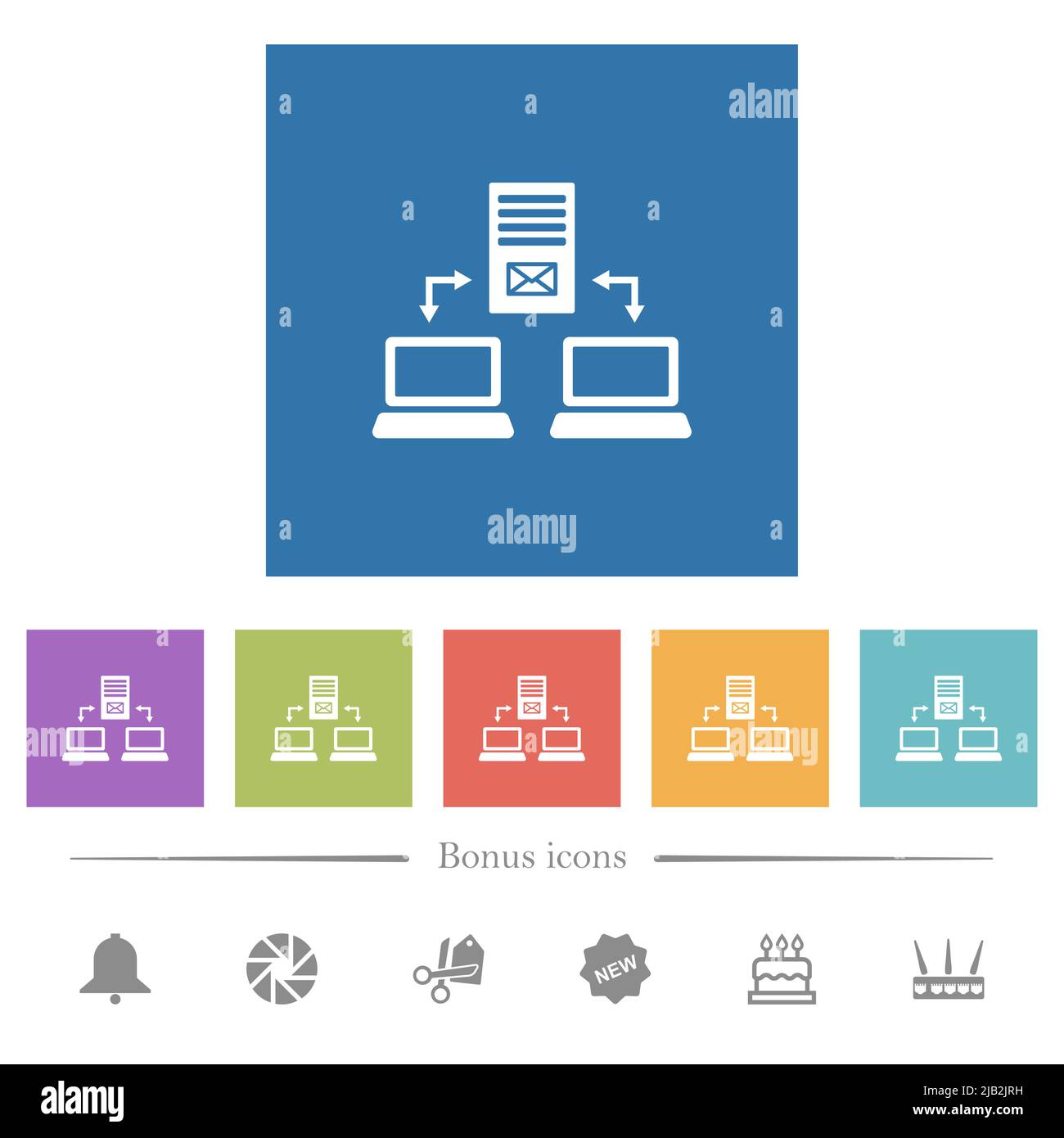 Multiple connections to mail server flat white icons in square ...