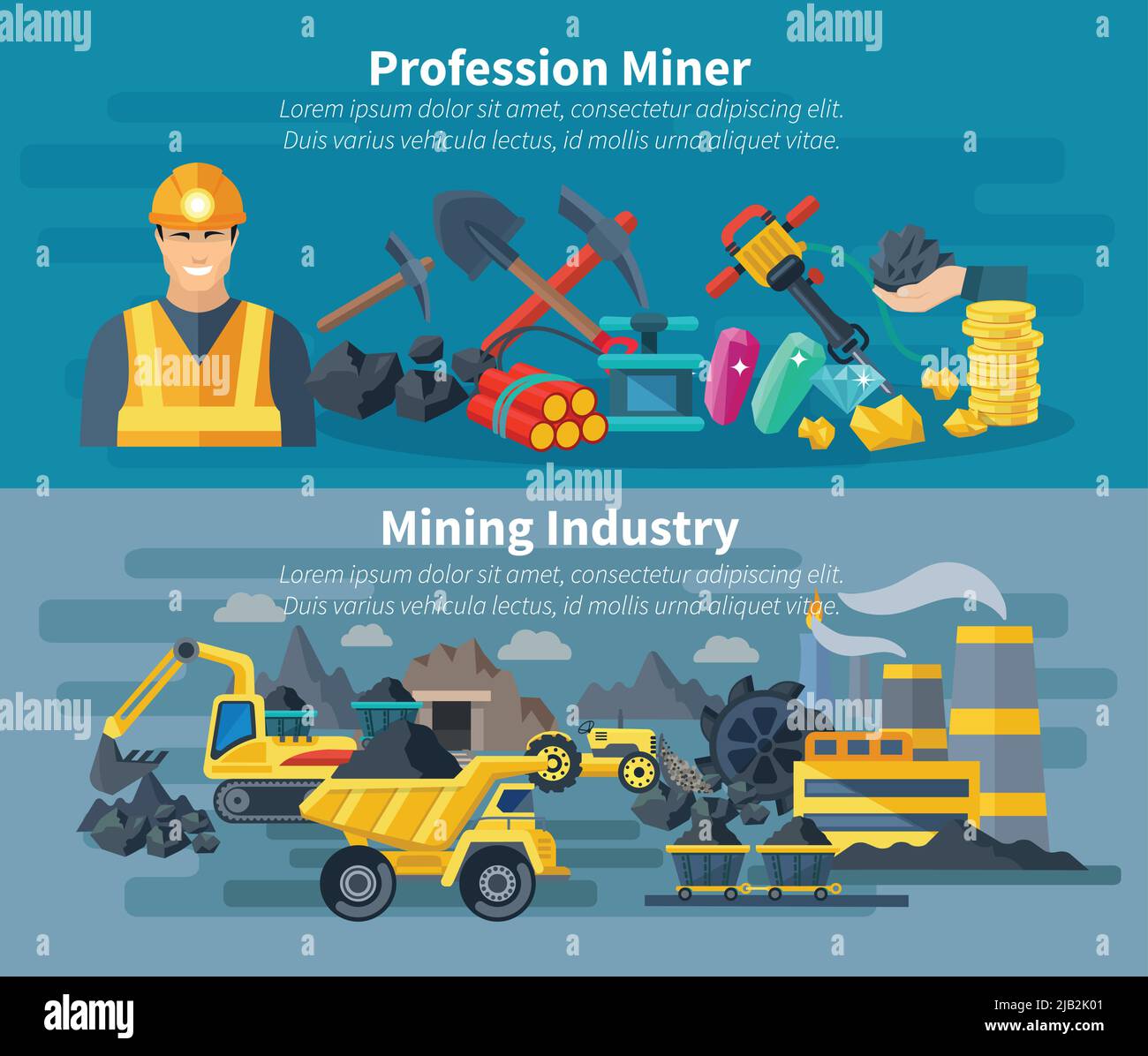 Mining banner horizontal set with professional miner avatar isolated ...