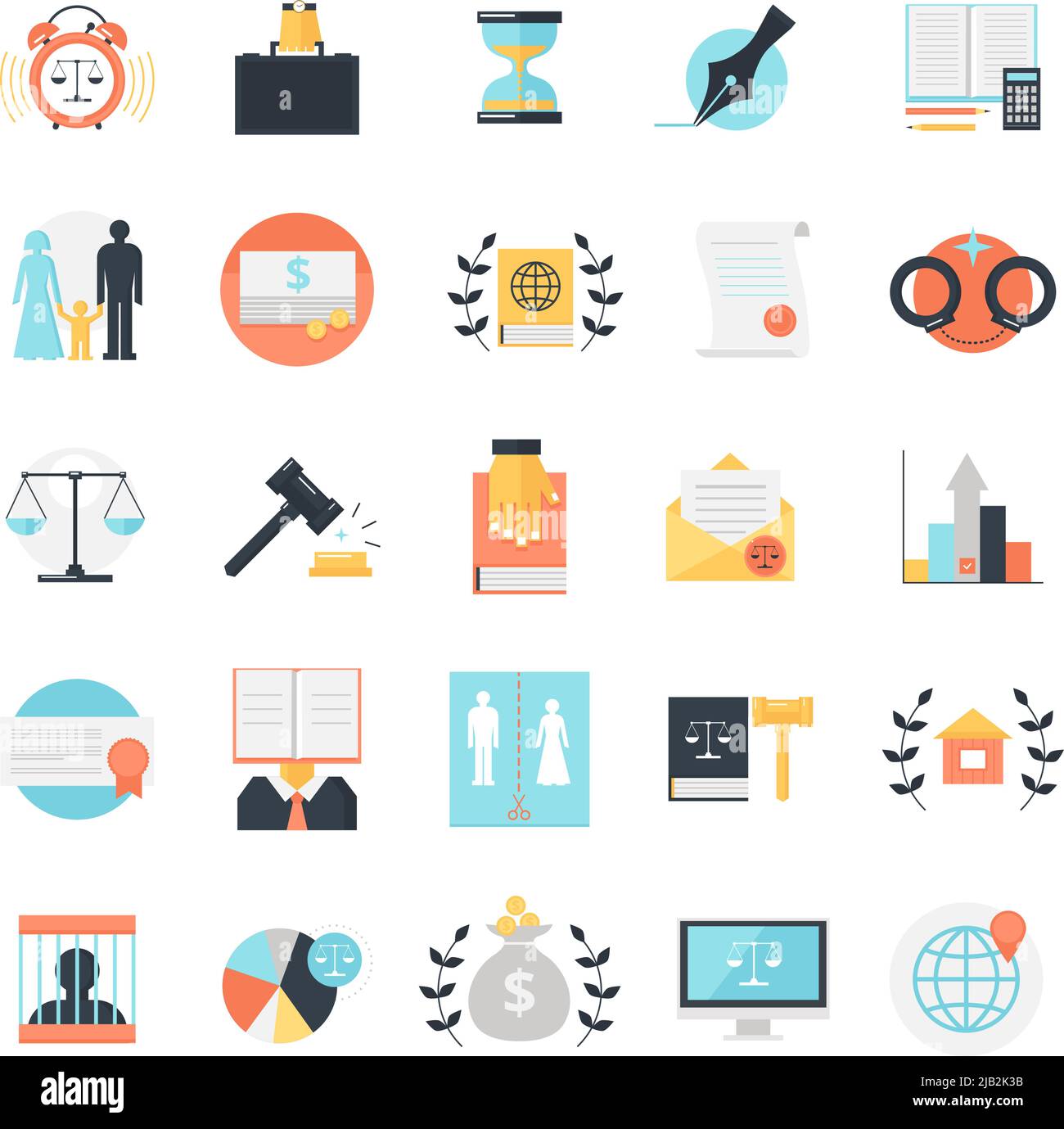 Law icon set of twenty five flat isolated colorful image compositions ...