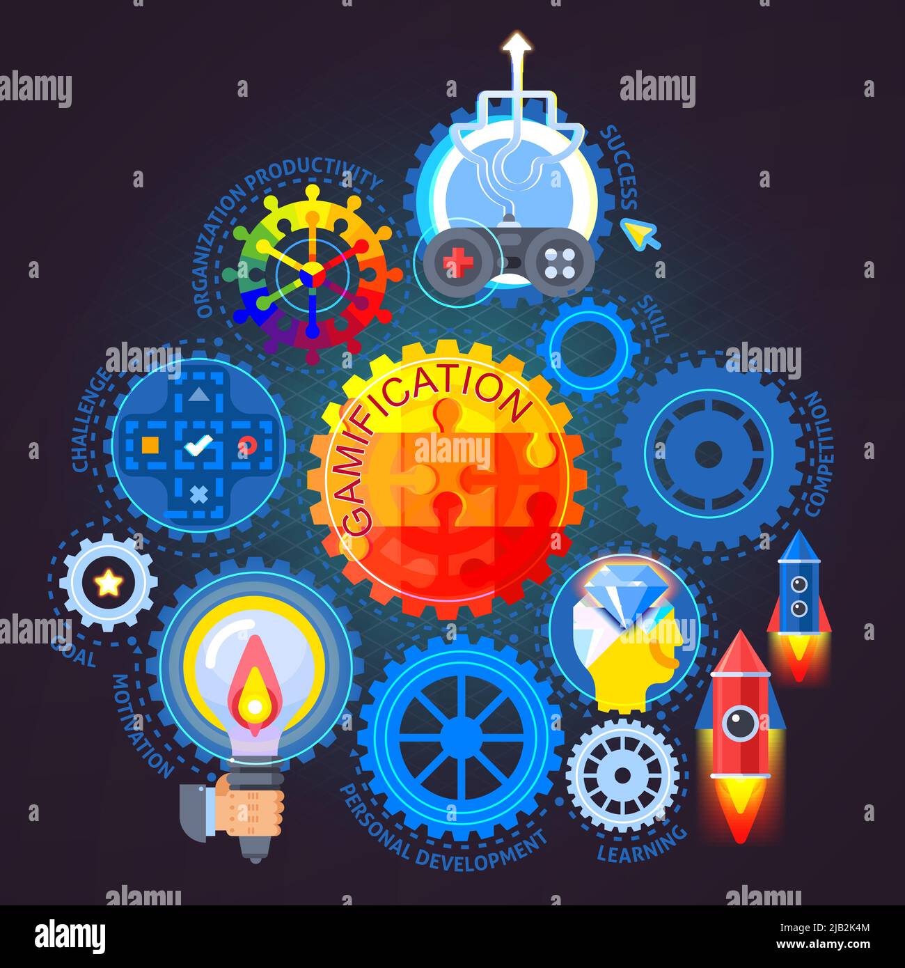 Gamification flat composition on dark background with mechanism from ...