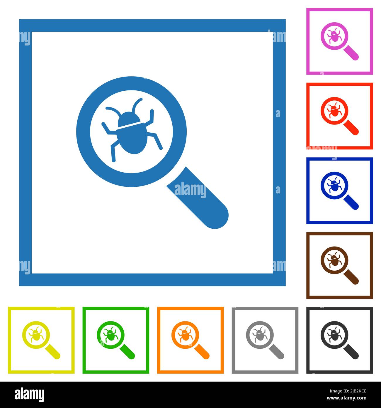 Bug tracking flat color icons in square frames on white background ...