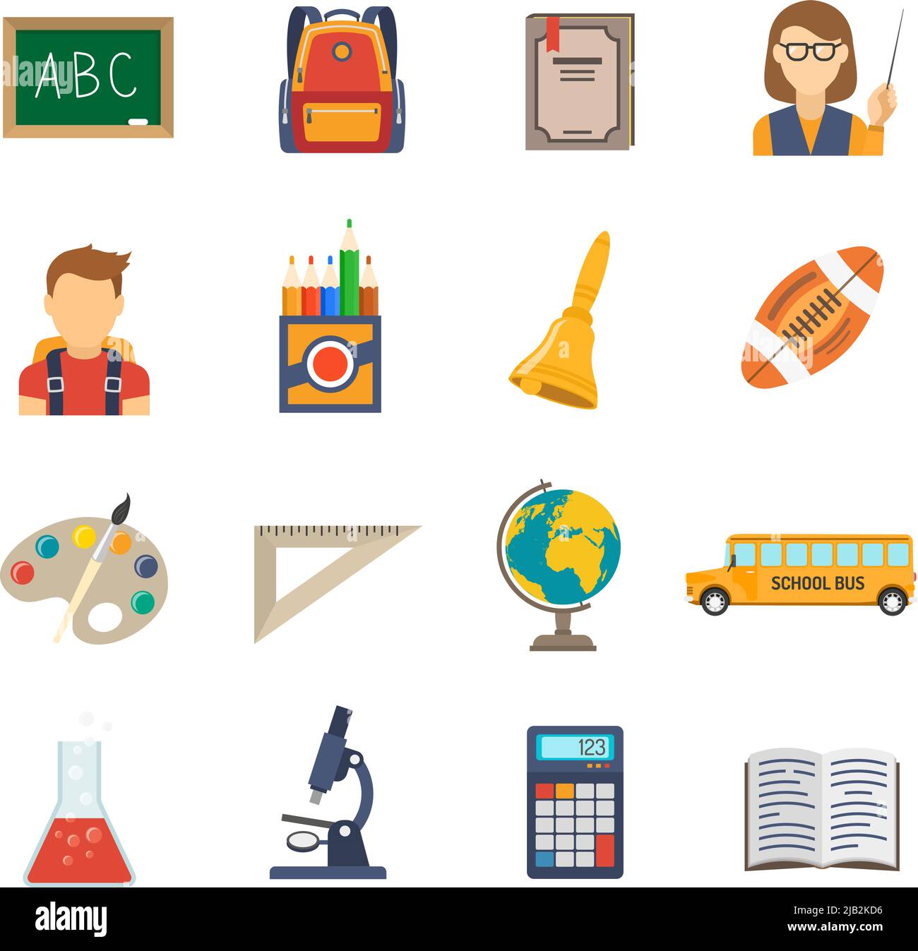 School education flat icons set with chalkboard backpack and textbook ...