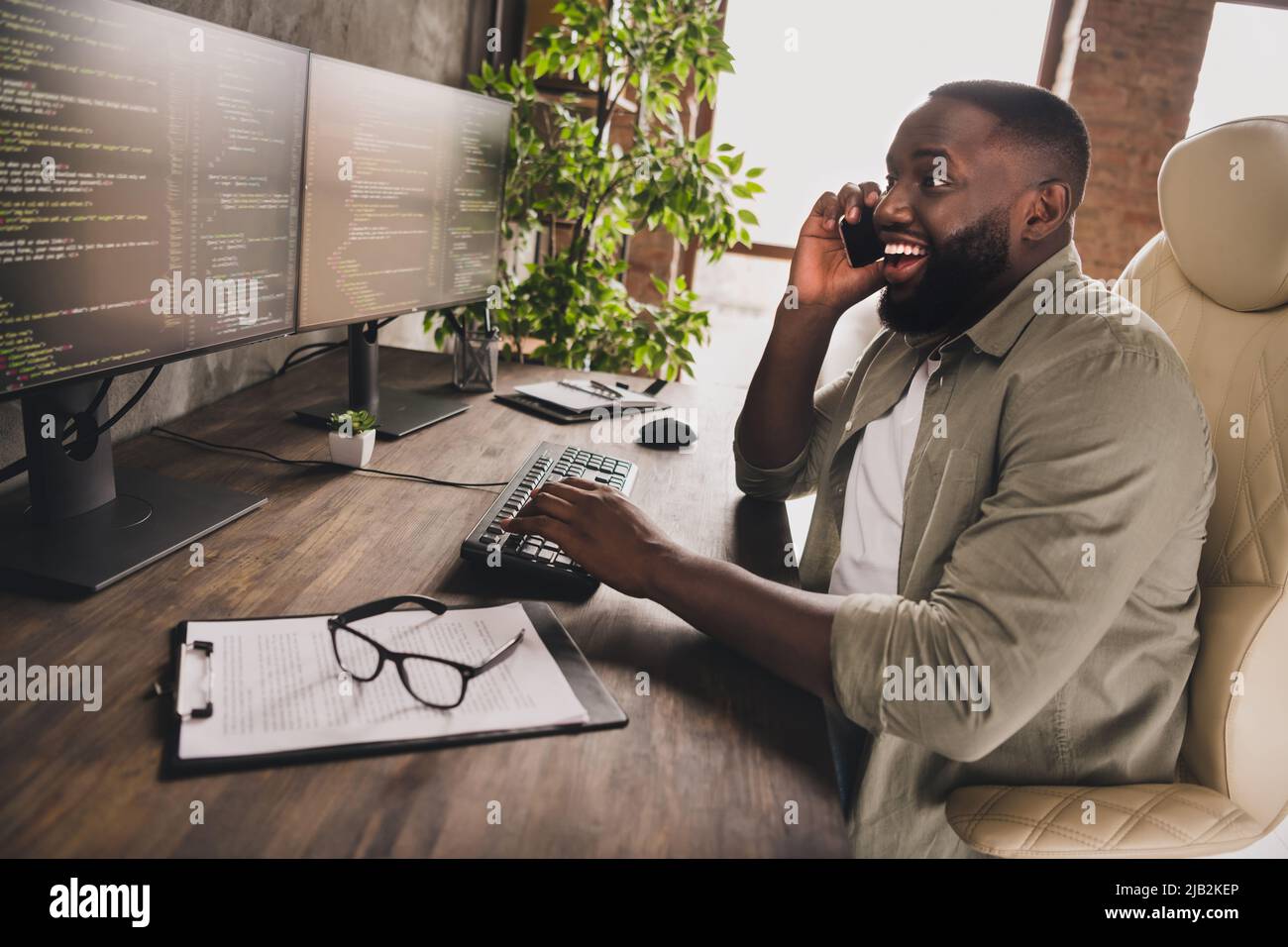 Profile side view portrait of attractive cheerful skilled guy top ...