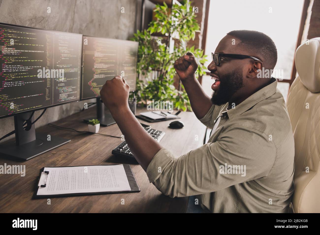 Profile side view portrait of attractive cheerful lucky guy expert ...