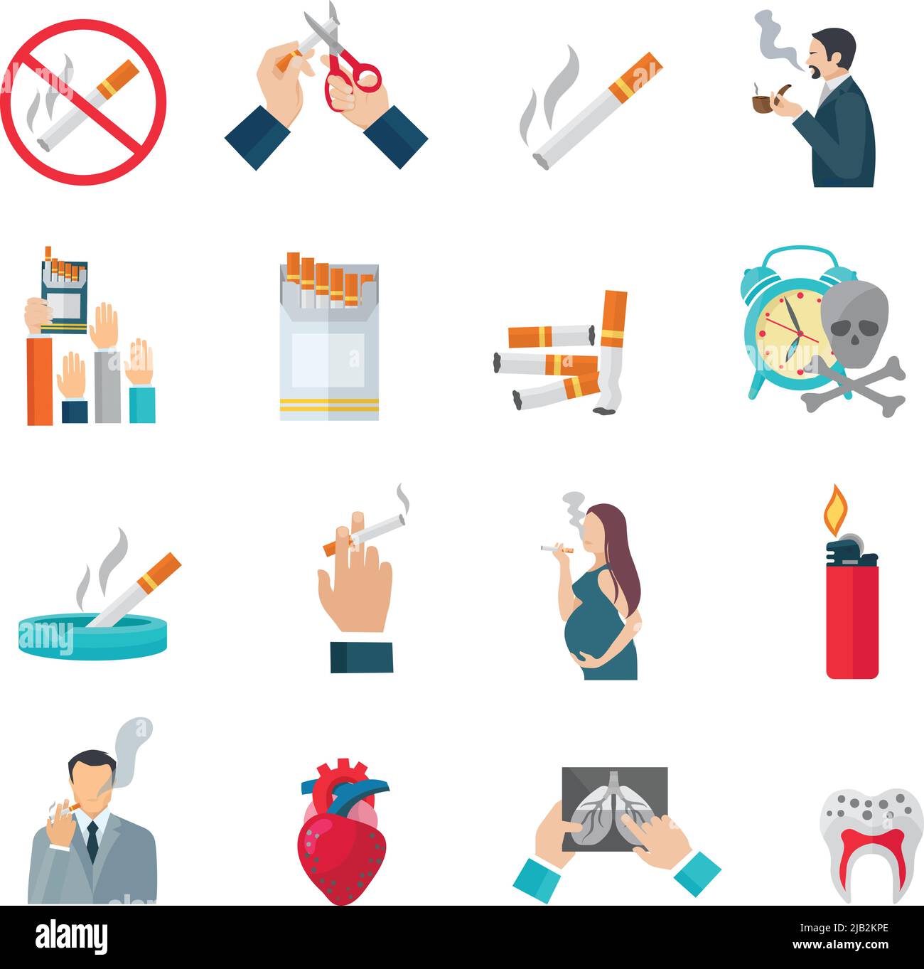 Smoking flat icons set with cigarette danger and hazards symbols ...