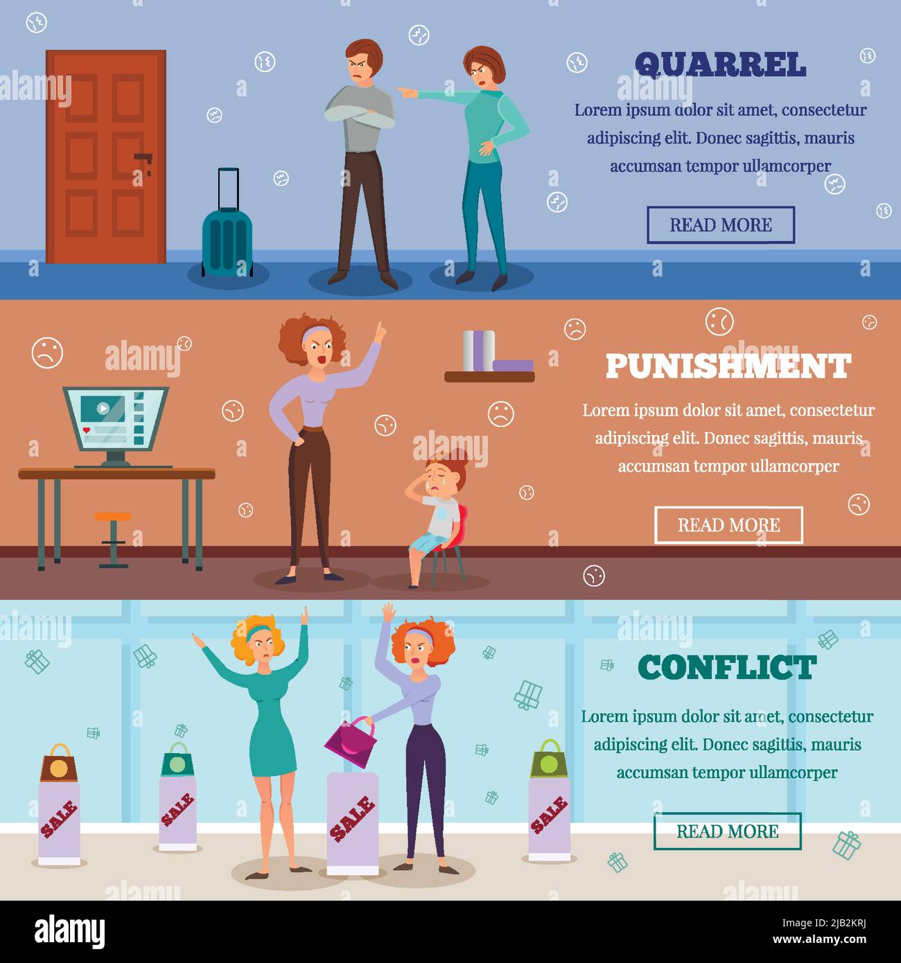 Angry characters quarreling punishing child and in conflict situation 3 ...