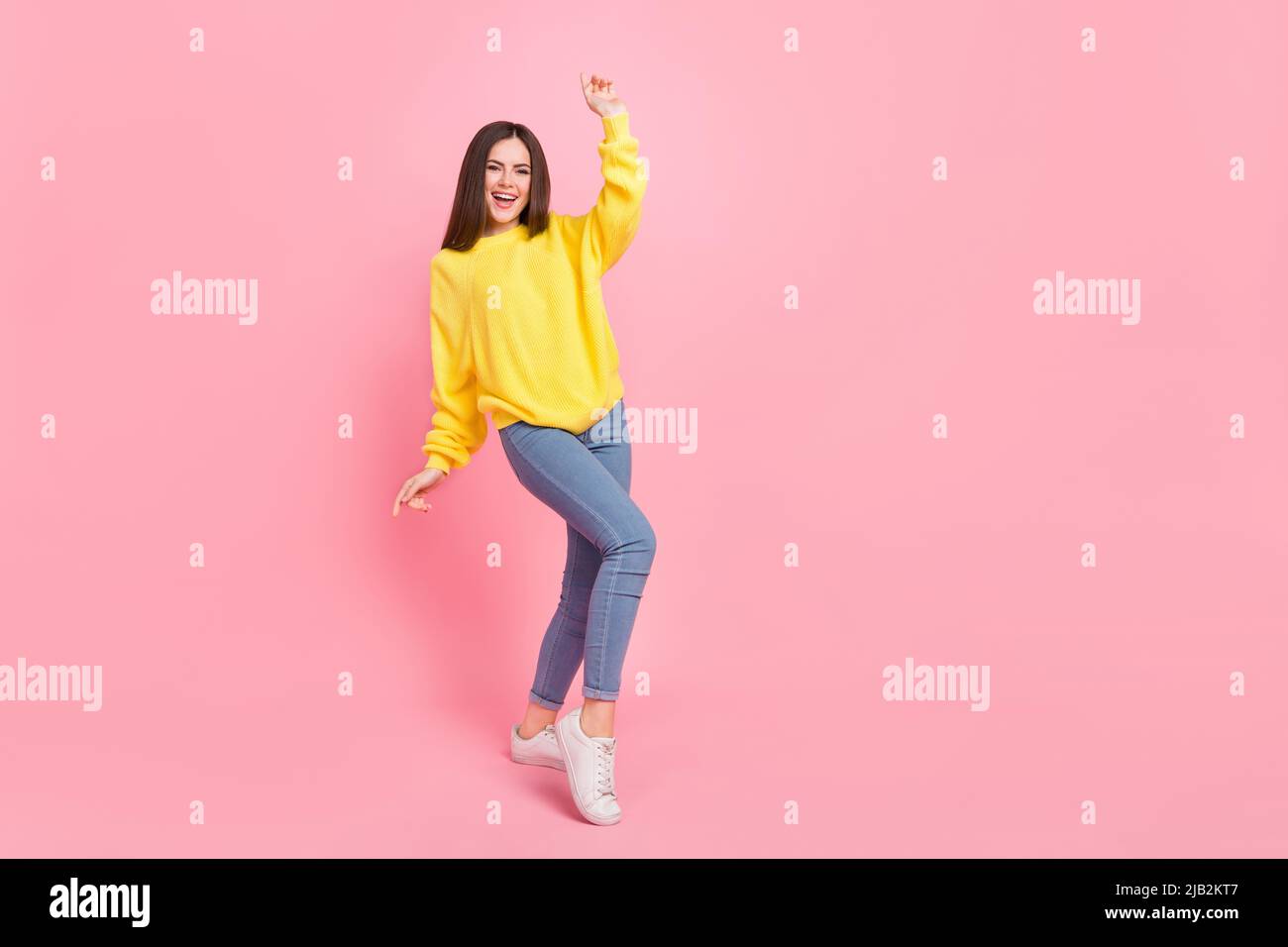 Full size photo of young cheerful lady have fun dance clubber free-time ...