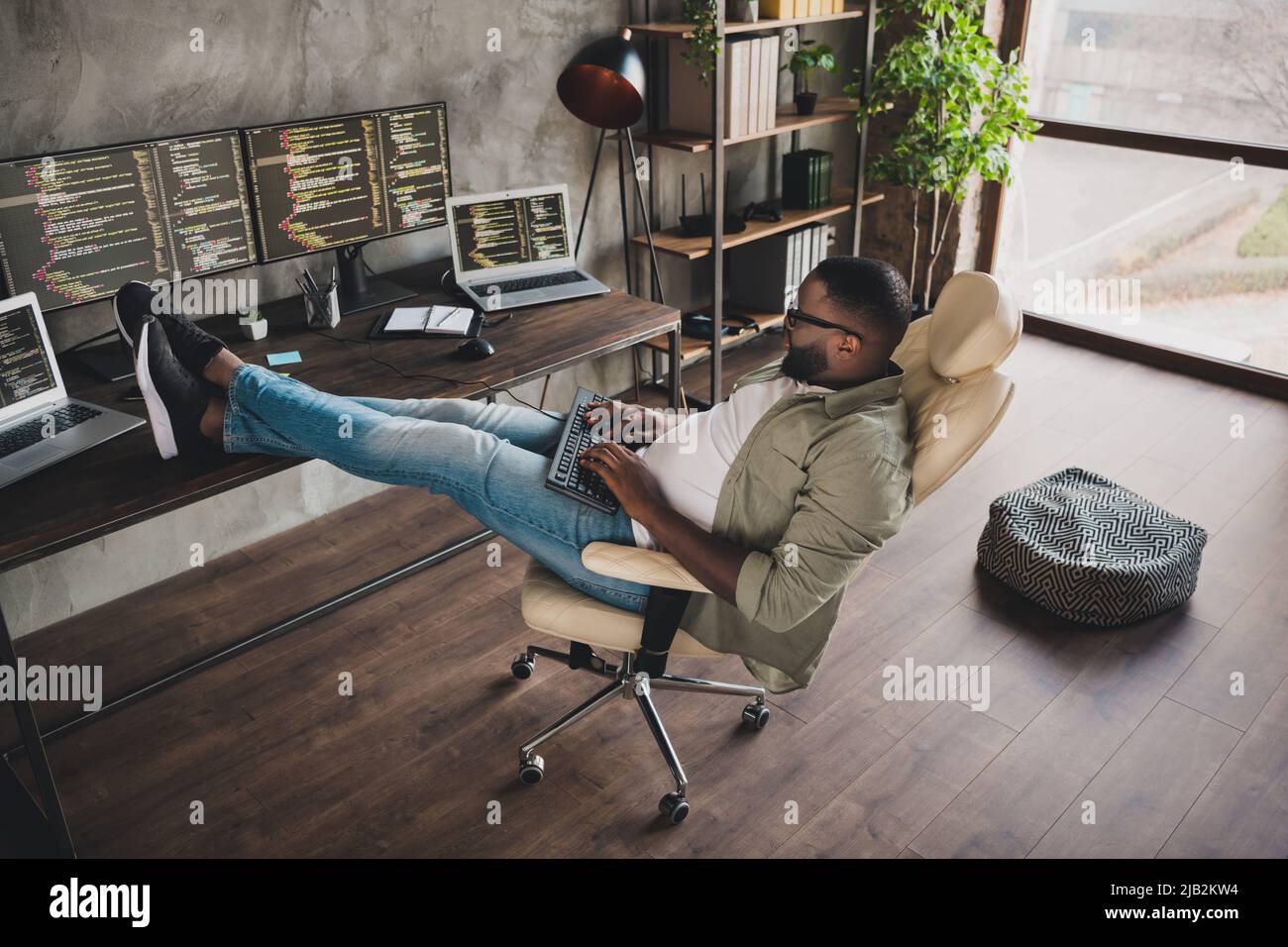 Full size photo of guy server protection service worker sit chair ...