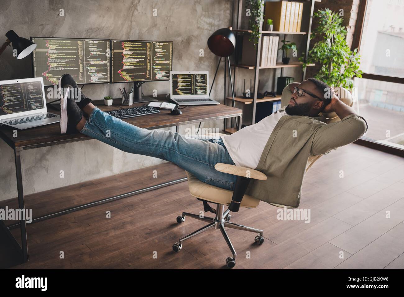 Full length photo of guy java script designer have morning night shift ...