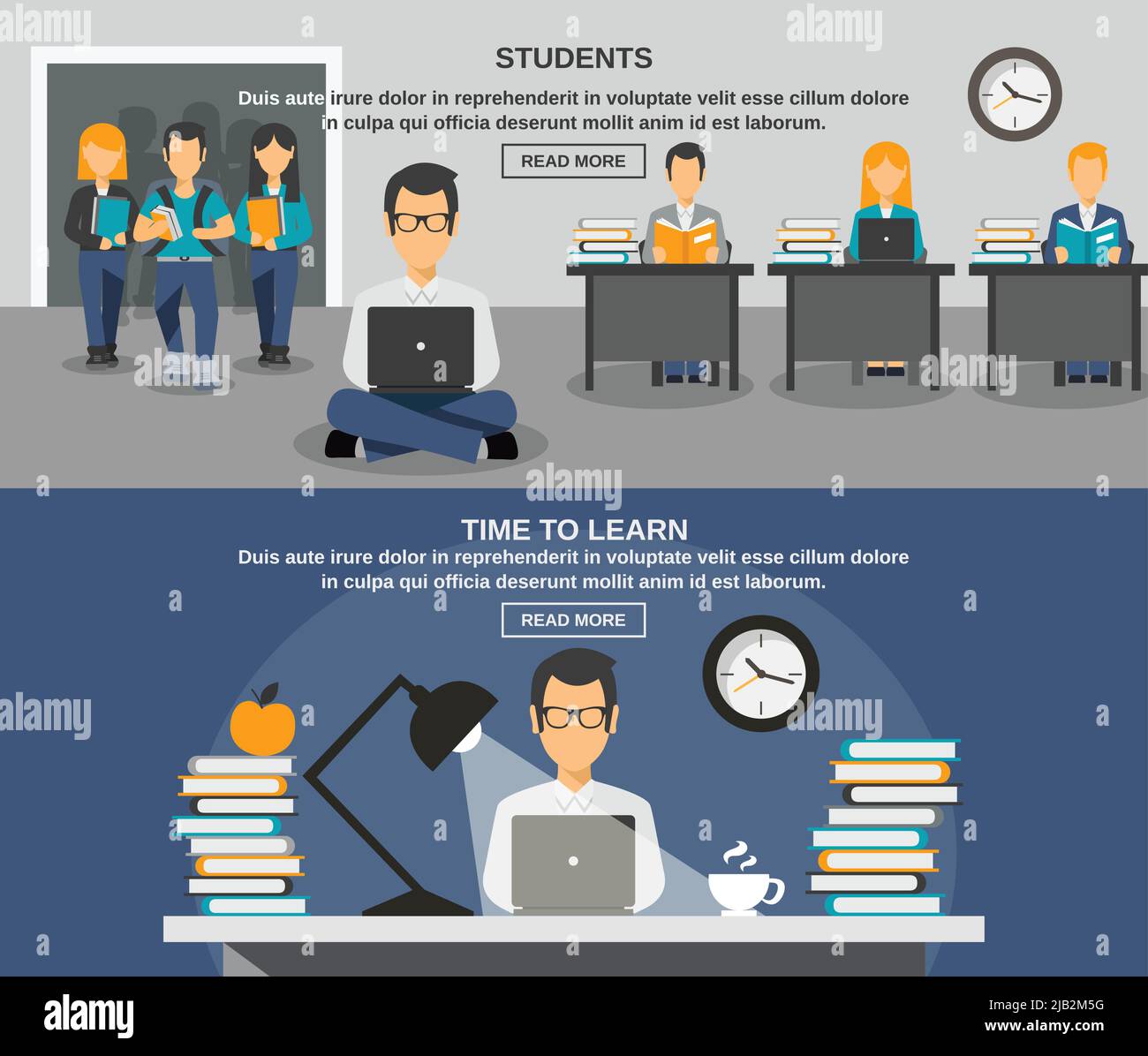 Student horizontal banner set with young people studying isolated ...