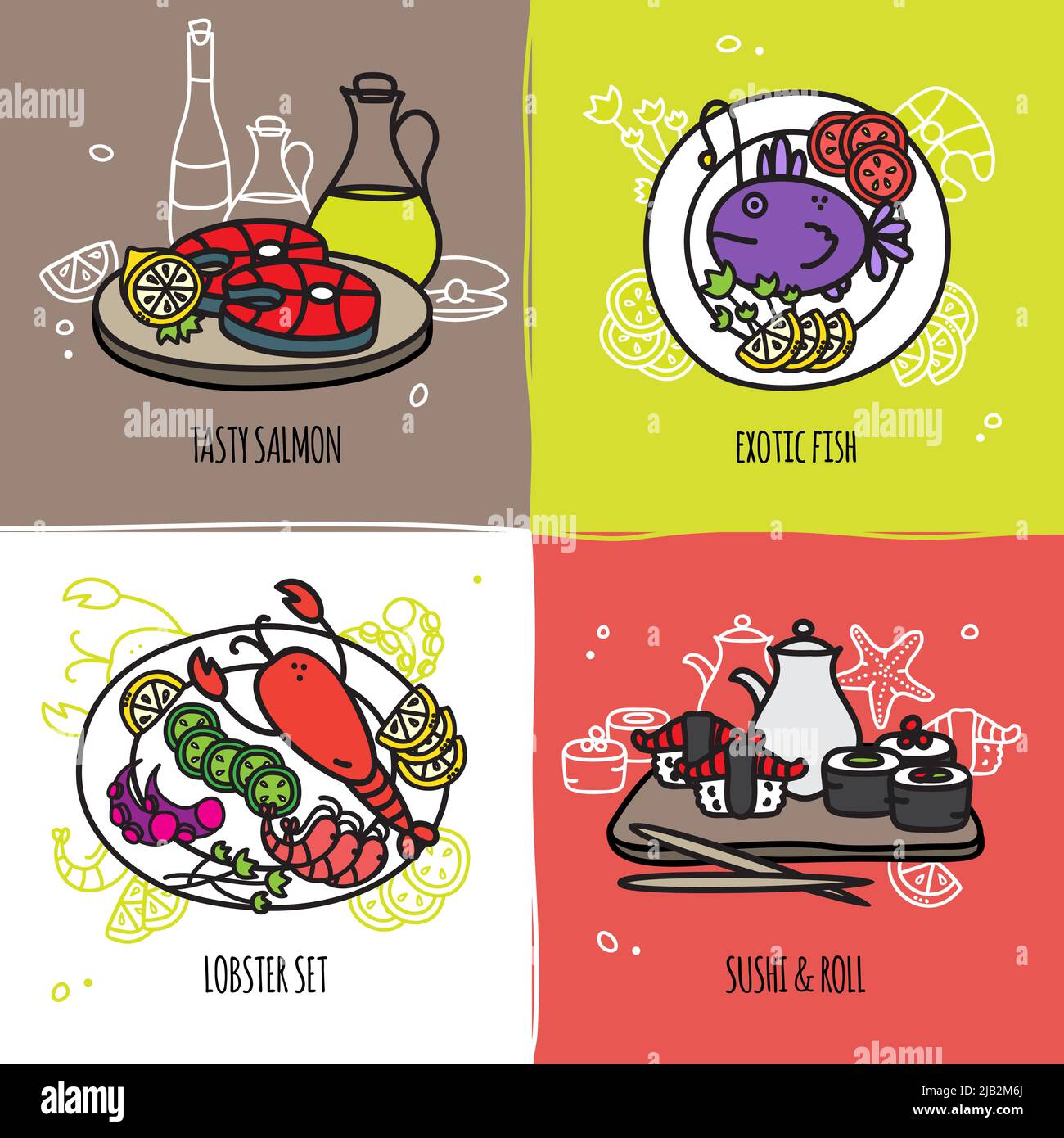 Seafood design concept set with salmon exotic fish lobster set sushi ...