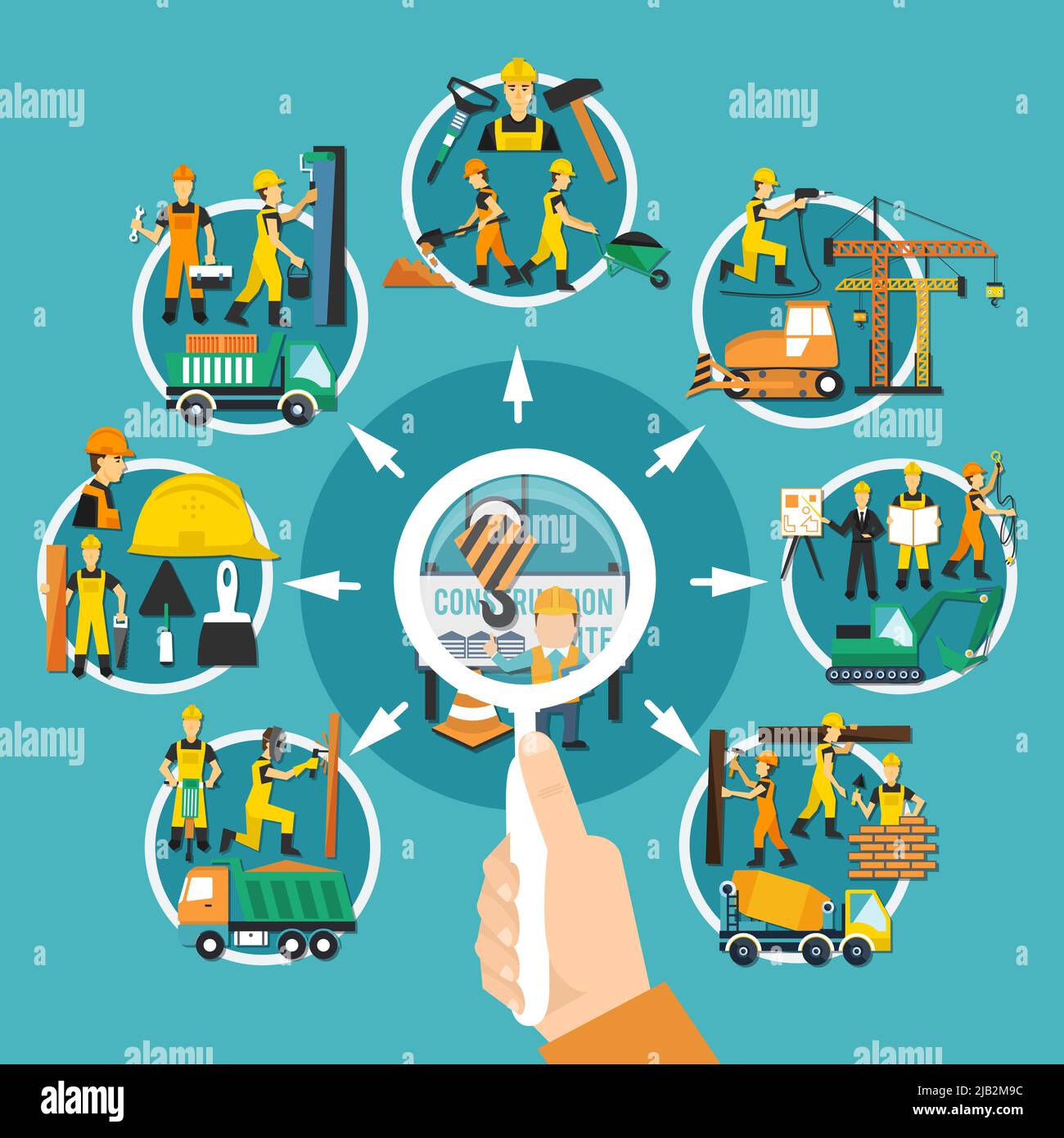 Construction worker round composition with magnifier in a mands hands ...